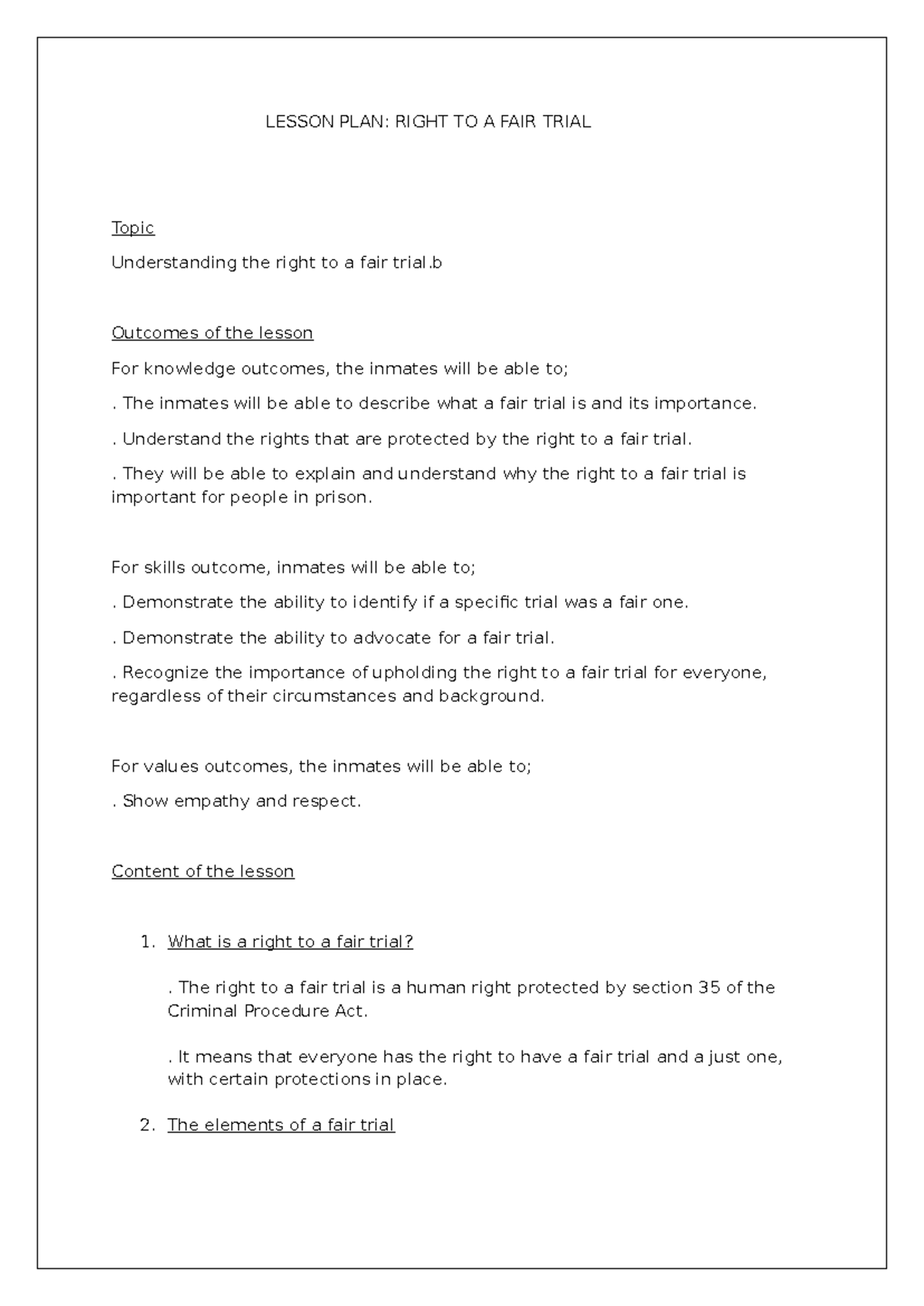 lesson plan: right to a fair trial - LESSON PLAN: RIGHT TO A FAIR TRIAL ...