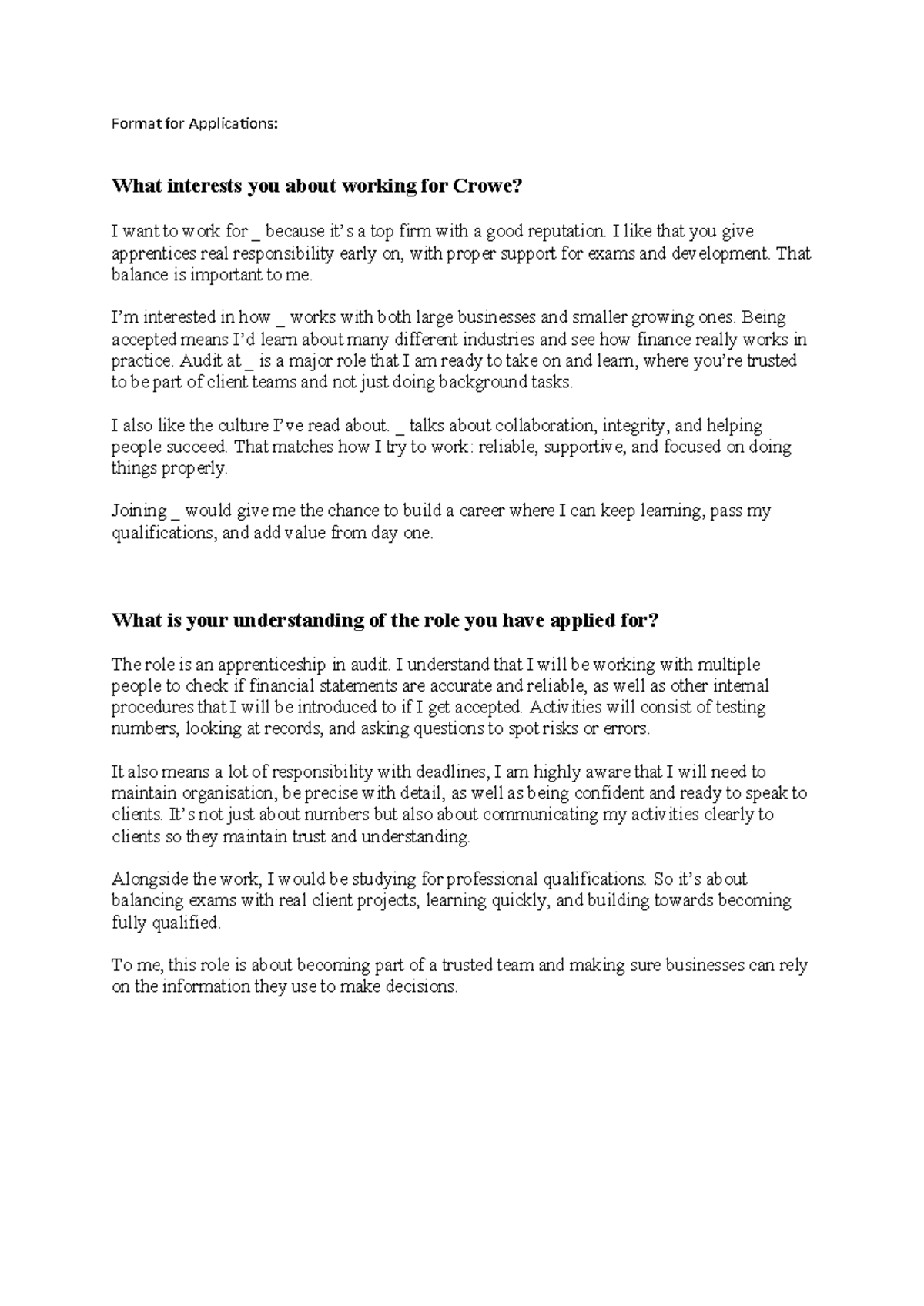 Application Format for Crowe Audit Apprenticeship - Studocu