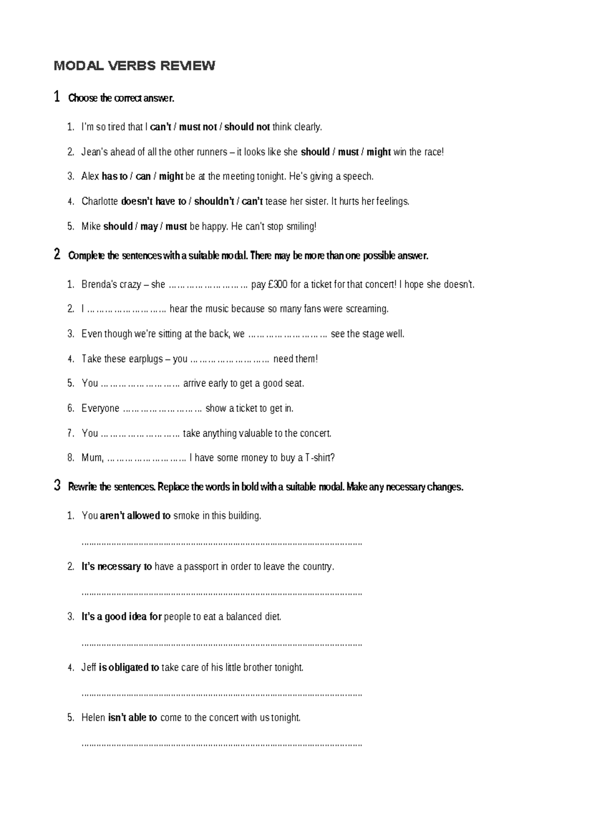 Modal verbs review 1 - ejercicios - MODAL VERBS REVIEW 1 Choose the ...