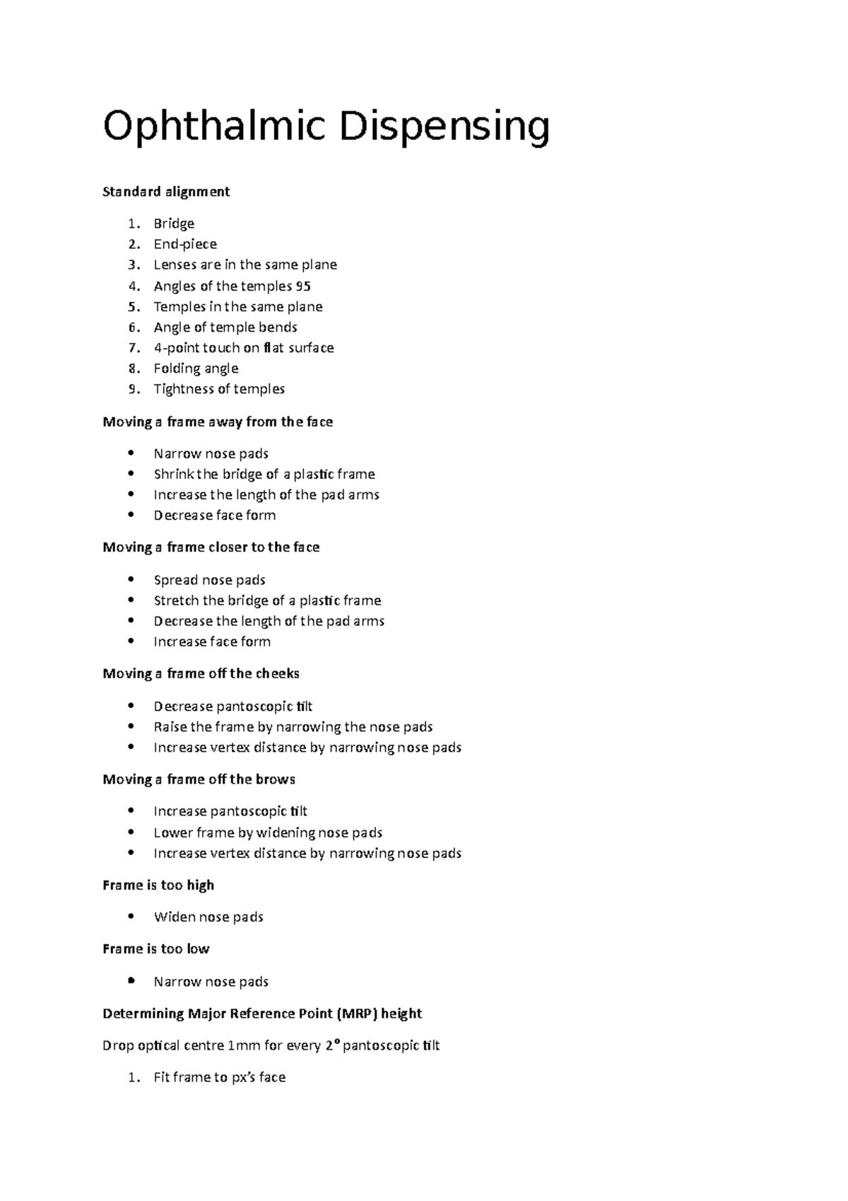 Ophthalmic Dispensing - Ophthalmic Dispensing Standard alignment 1. 2 ...