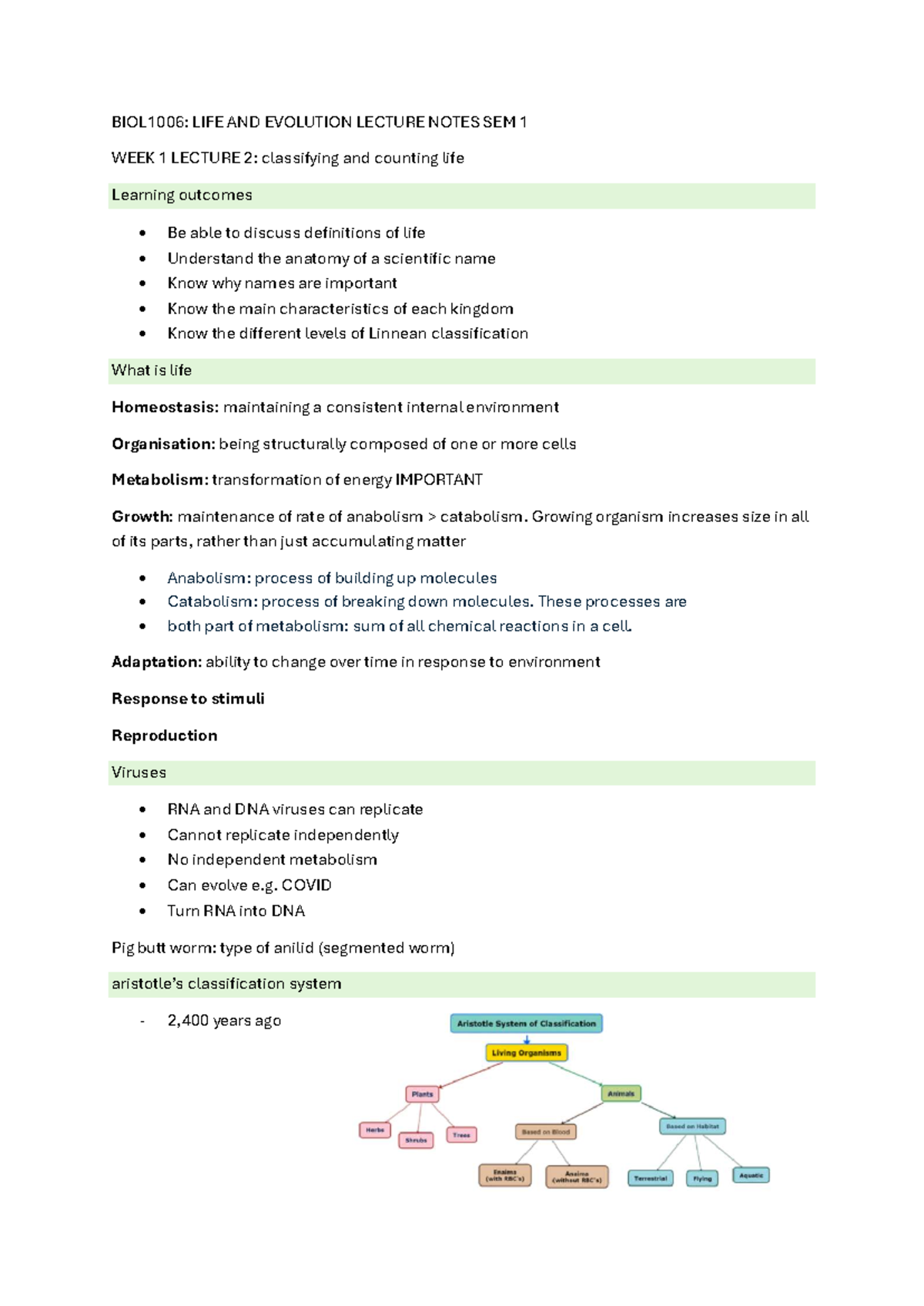 BIOL1006: Life and Evolution Lecture Notes - Week 1 Overview - Studocu
