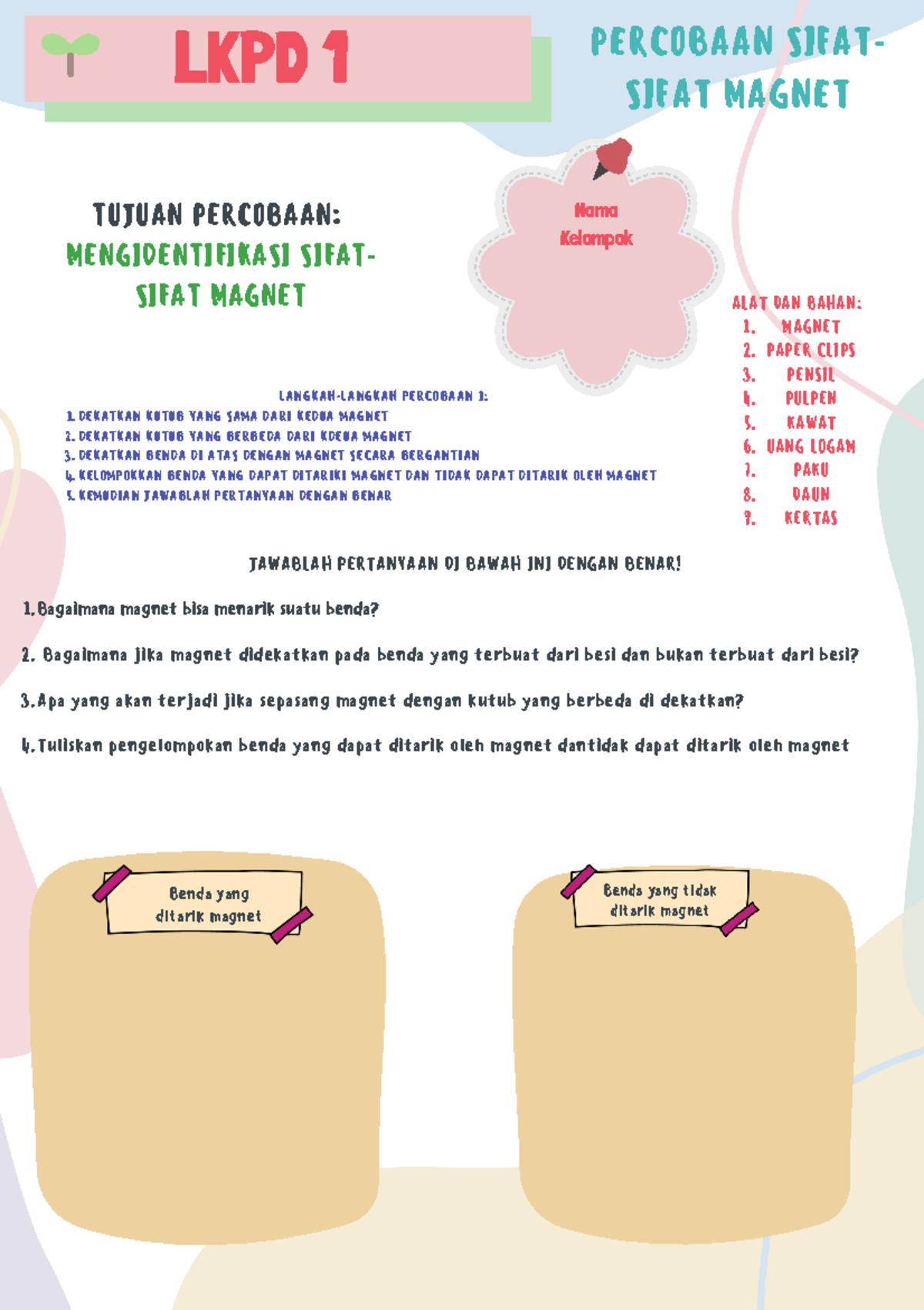 LKPD - Kelas 5: Eksperimen Sifat Magnet dan Pengamatan Benda - Studocu