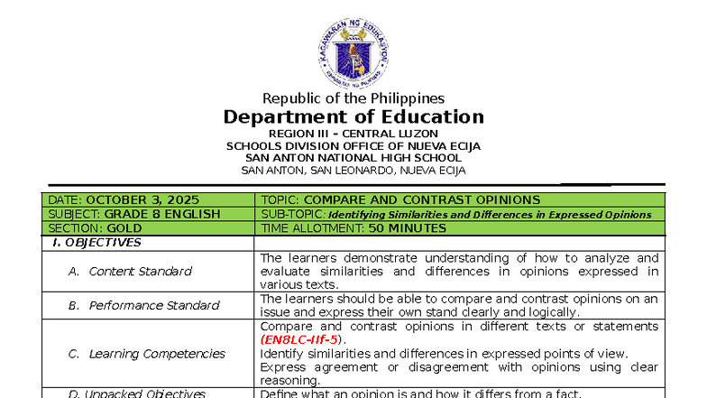English 8 - Oct - Daily Lesson Plan: Compare & Contrast Opinions - Studocu