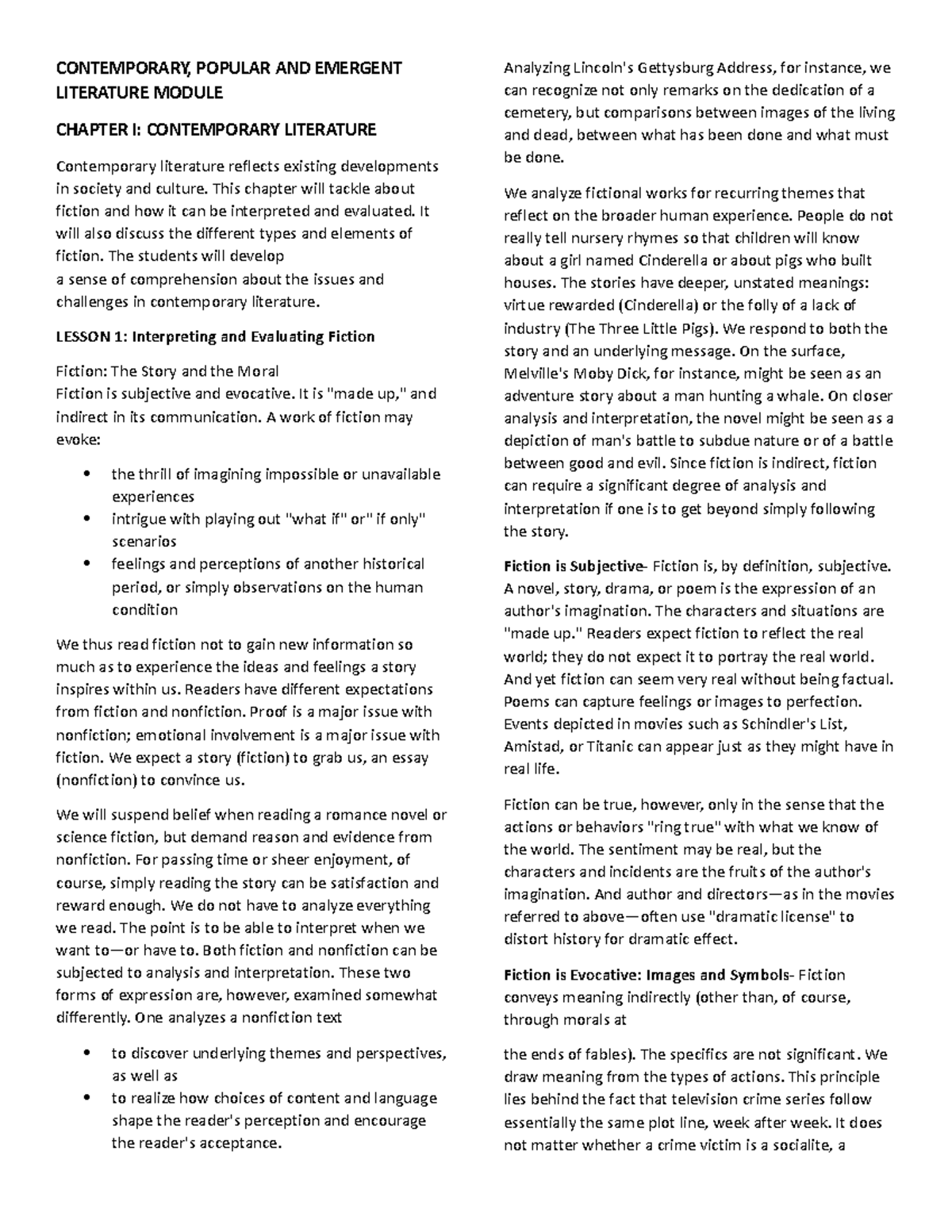Contemporary Literature Module: Interpreting & Analyzing Fiction - Studocu