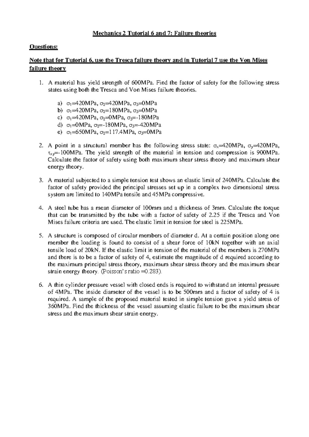 Mechanics 2: Failure Theories and Solutions (Tutorials 6 & 7) - Studocu