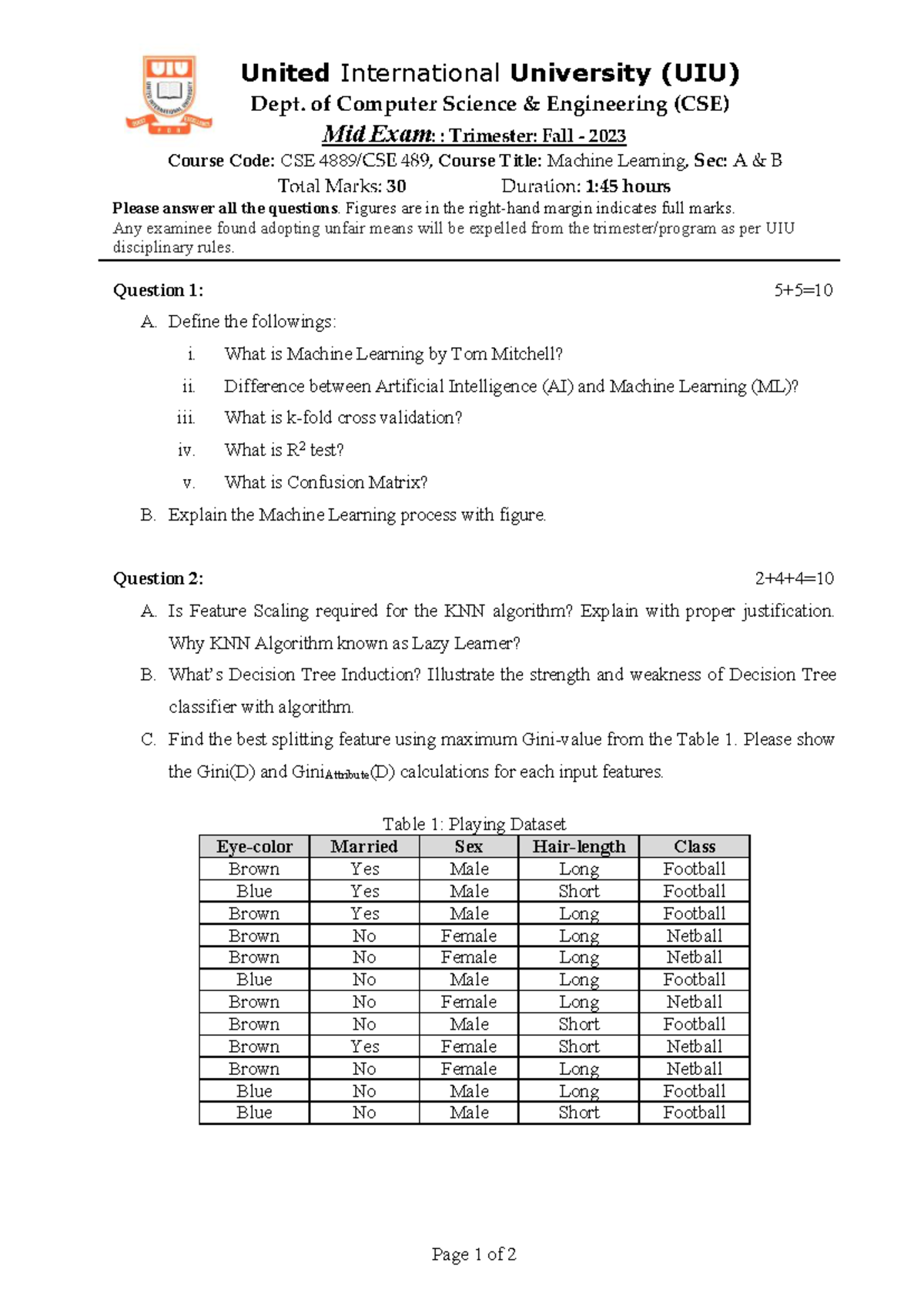 Fall 2023 - Mid Question - Page 1 of 2 Mid Exam: : Trimester: Fall - 2023 Course Code: CSE 4889 ...