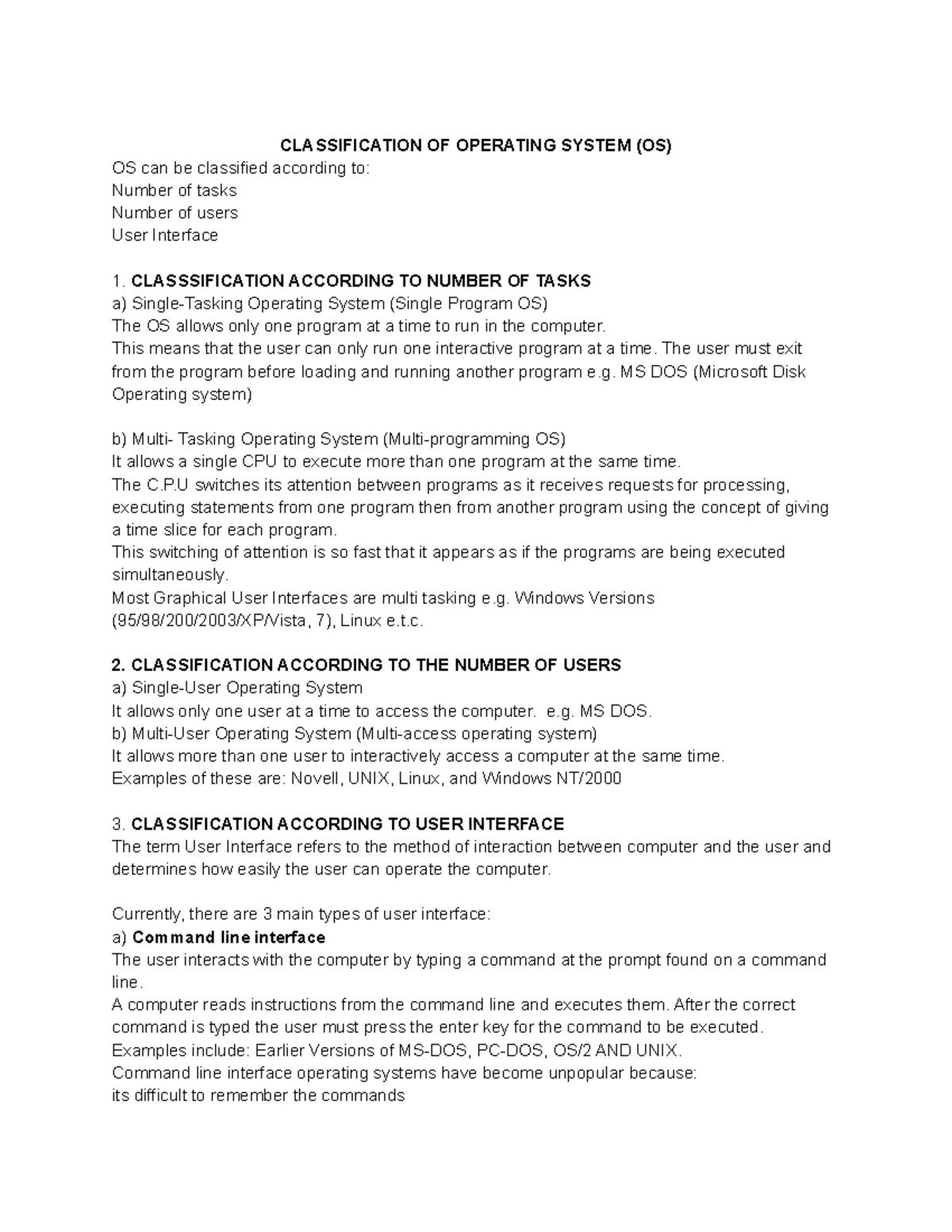Classification of Operating Systems (OS) by Tasks, Users & UI - Studocu