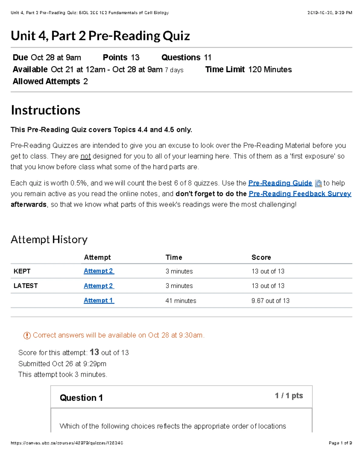 Unit 3, Part 2 Pre-Reading Quiz: BIOL 200 102 Fundamentals of Cell ...