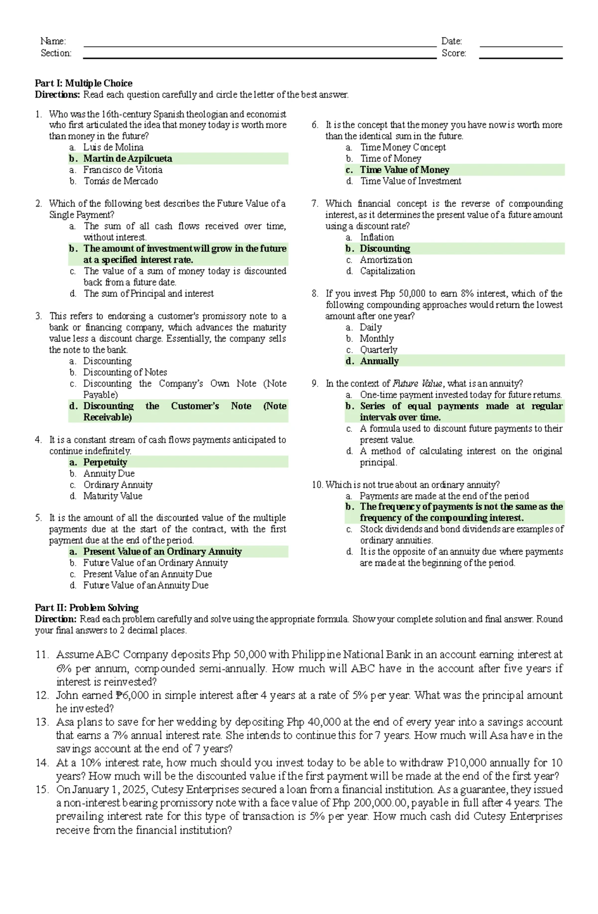 Quiz Time Value of Money - 3 1 2 5 4 6 10 9 7 8 Name: Quiz Part 1 ...