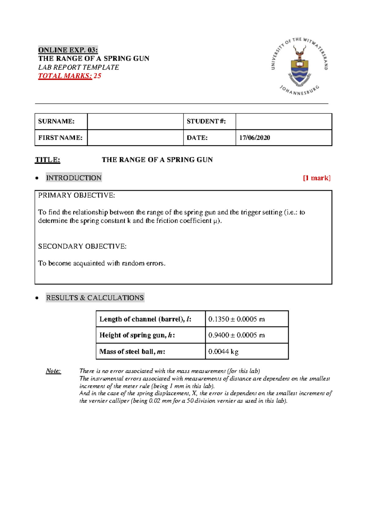 Exp03 - Spring Gun Lab Report: Analyzing Range & Parameters - Studocu
