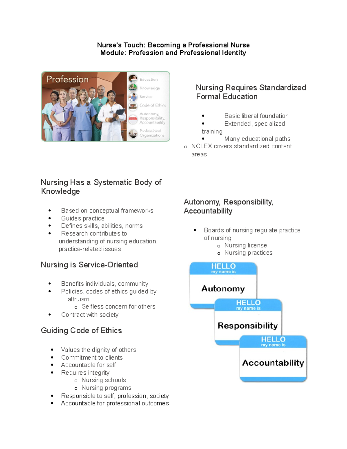 NUR 101 Final Exam: Professional Identity in Nursing Module Overview ...