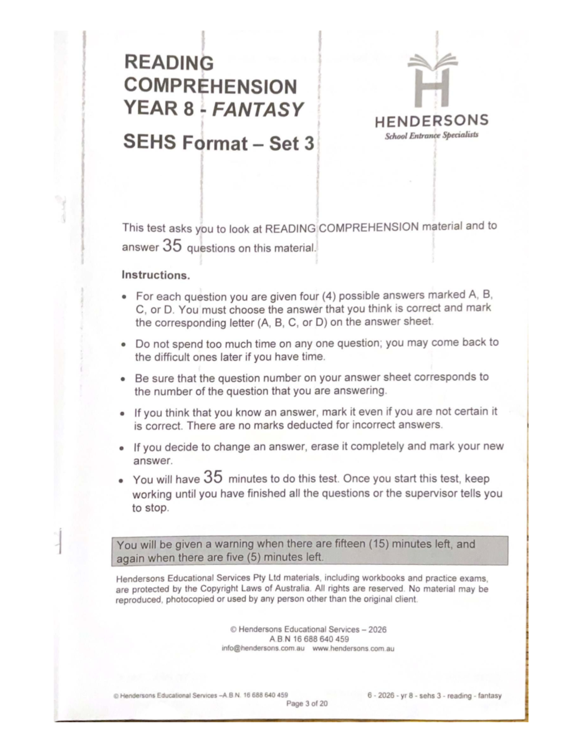 Reading Comprehension Year 8 - SEHS Format Set 3 - Studocu