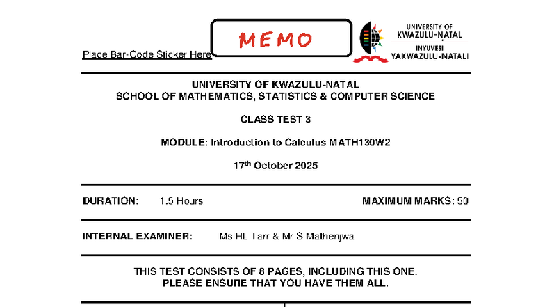 Math130W2 2025 Class Test 3: Introduction to Calculus Memo - Studocu