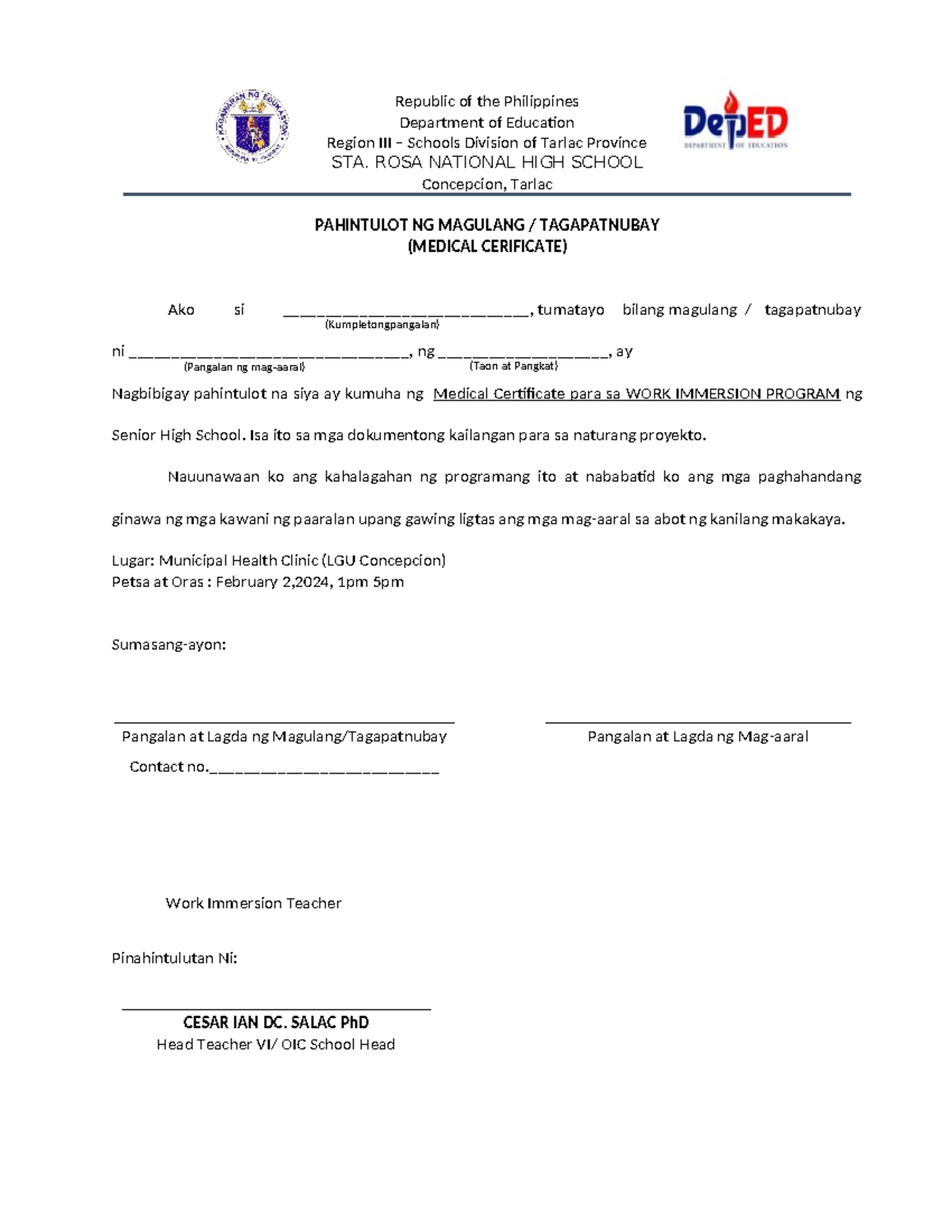 Work Immersion Parent Consent Medical Certificate for SHS - Studocu