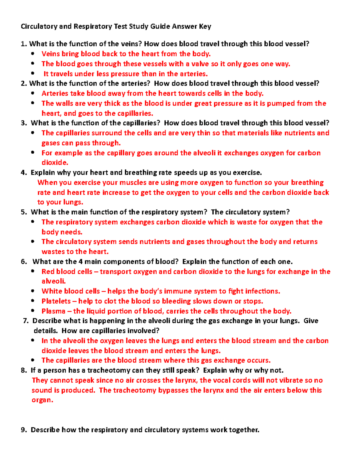 Circulatory and Respiratory Test Study Guide answer key - The blood ...