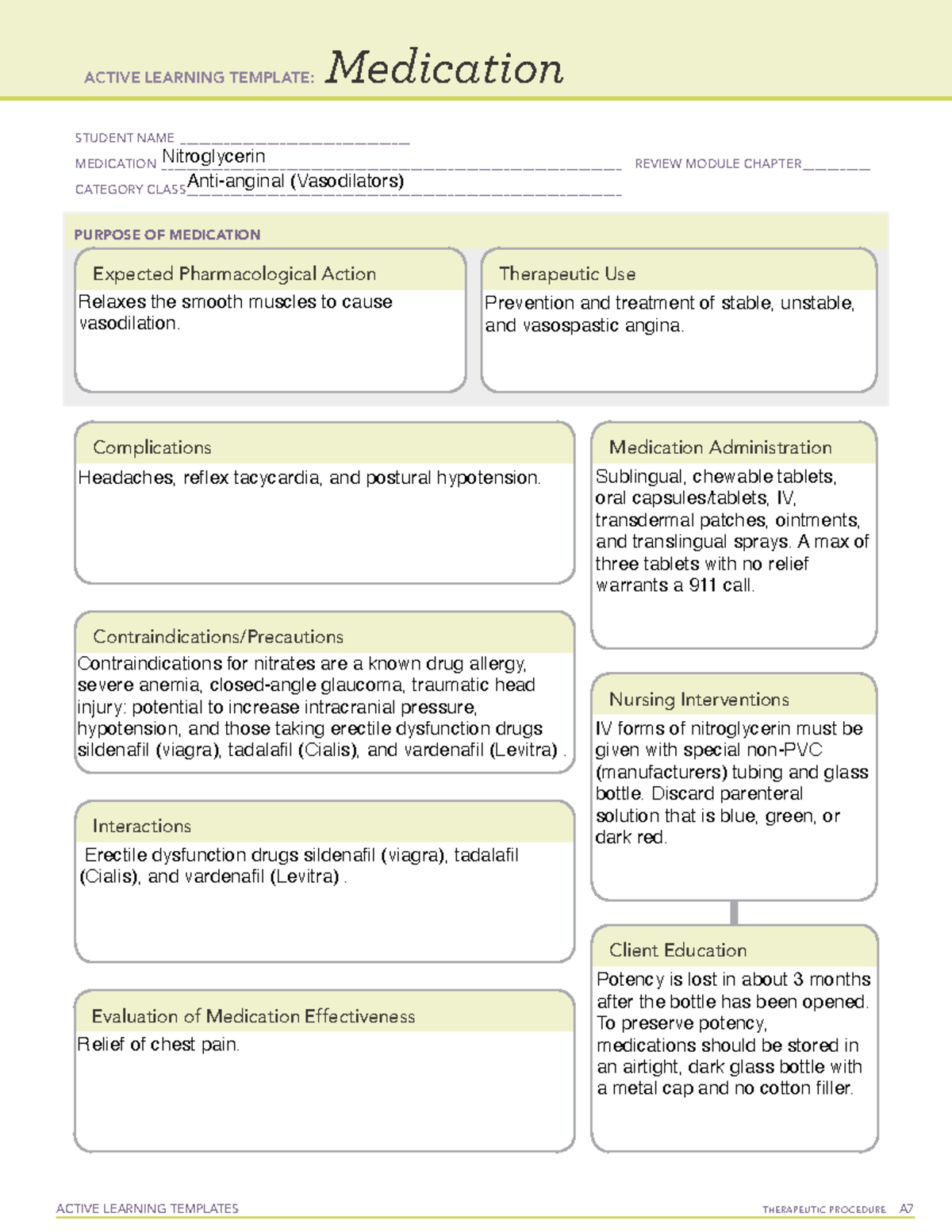 Nitroglycerin - ..,. - ACTIVE LEARNING TEMPLATES THERAPEUTIC PROCEDURE ...