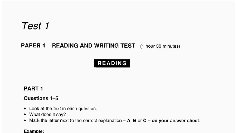 Reading 1: Test 1 Paper 1 - Reading and Writing Exam Guide - Studocu