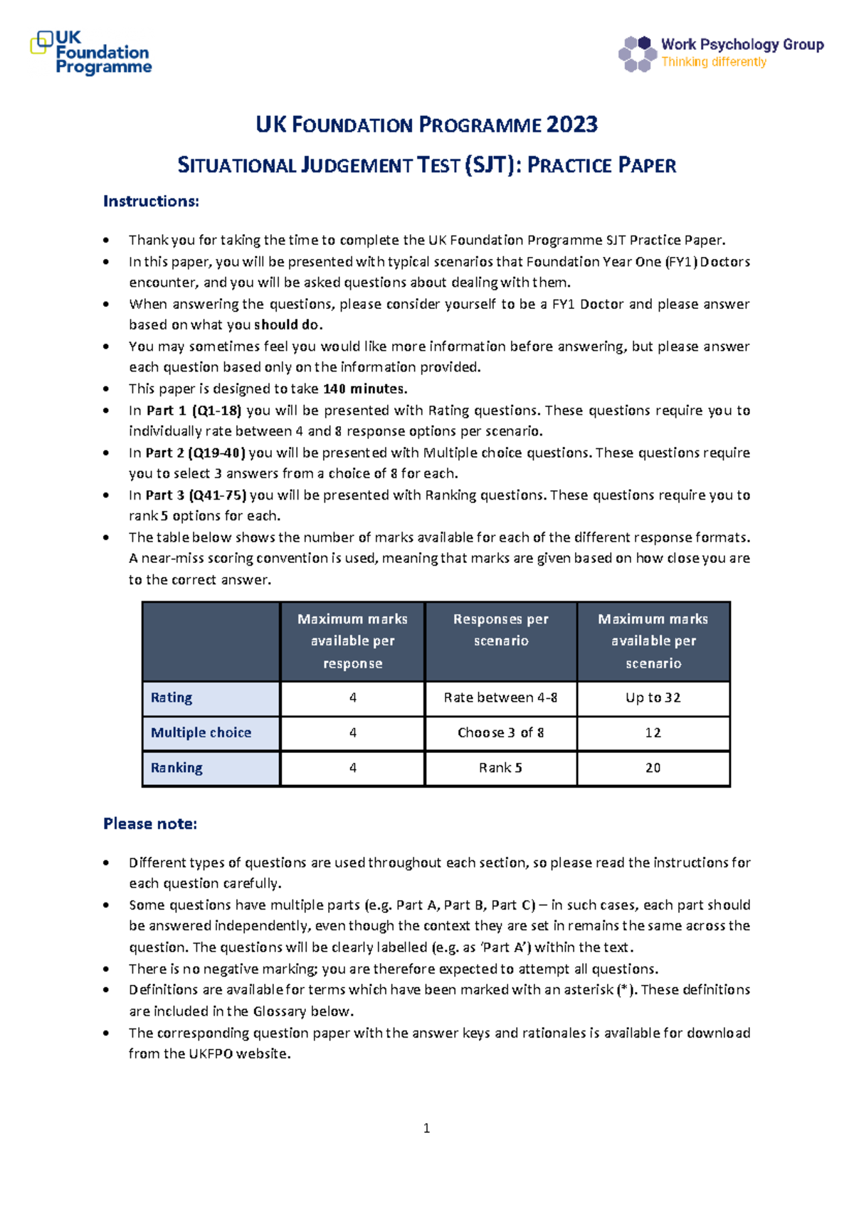UK Foundation Programme SJT Practice Paper 2023: Detailed Guide - Studocu