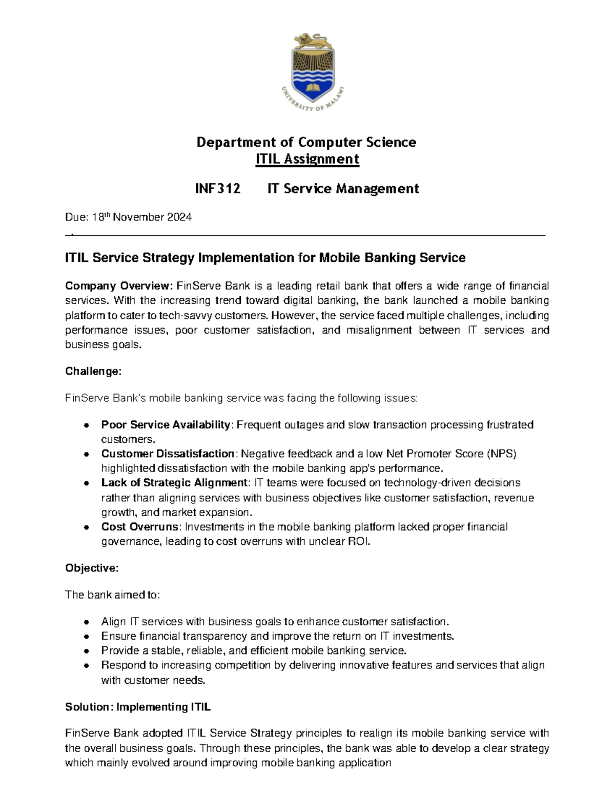 INF312 ITIL Assignment - Department of Computer Science ITIL Assignment ...