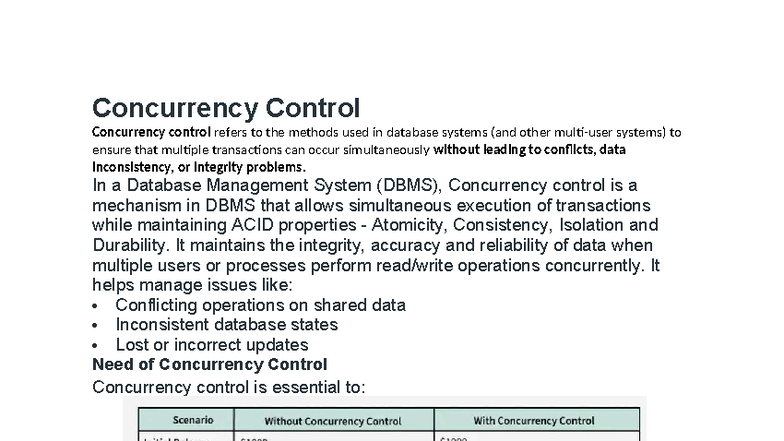 Concurrency Control in DBMS: Essential Techniques and Challenges - UNIT-3 BCA - Studocu