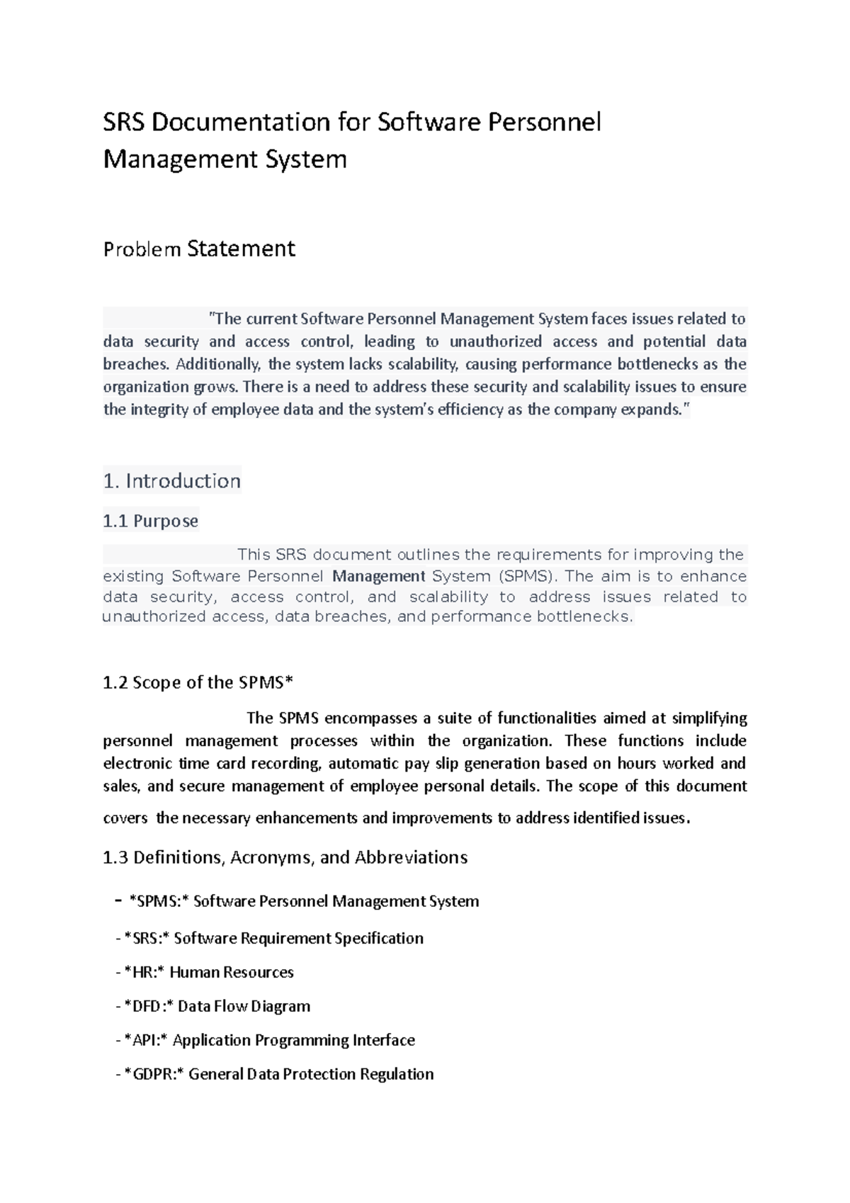 SRS Documentation for Software Personnel Management System (SPMS) - Studocu