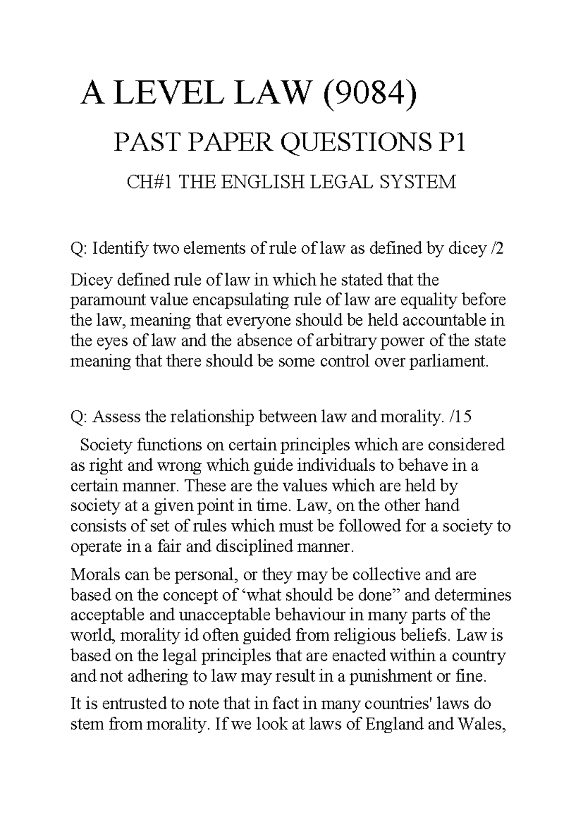 A Level LAW (9084) - Practice Questions on Legal Principles and Systems ...