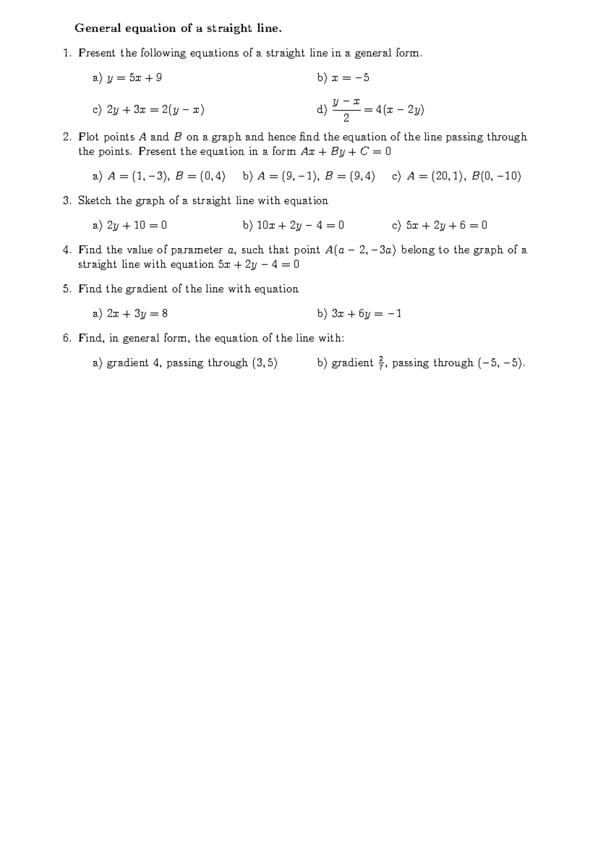 General Equation of a Straight Line: Concepts & Exercises - Studocu