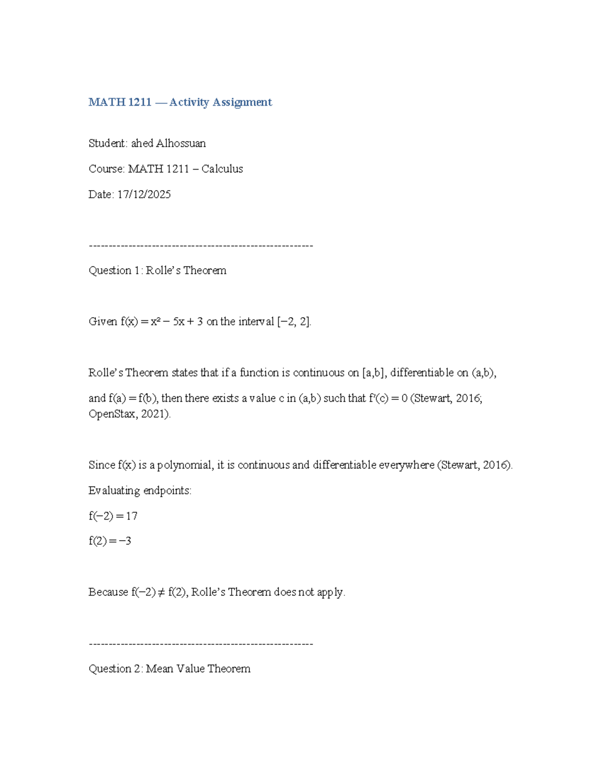 MATH 1211 Rolle's Theorem & MVT Assignment Notes - Studocu