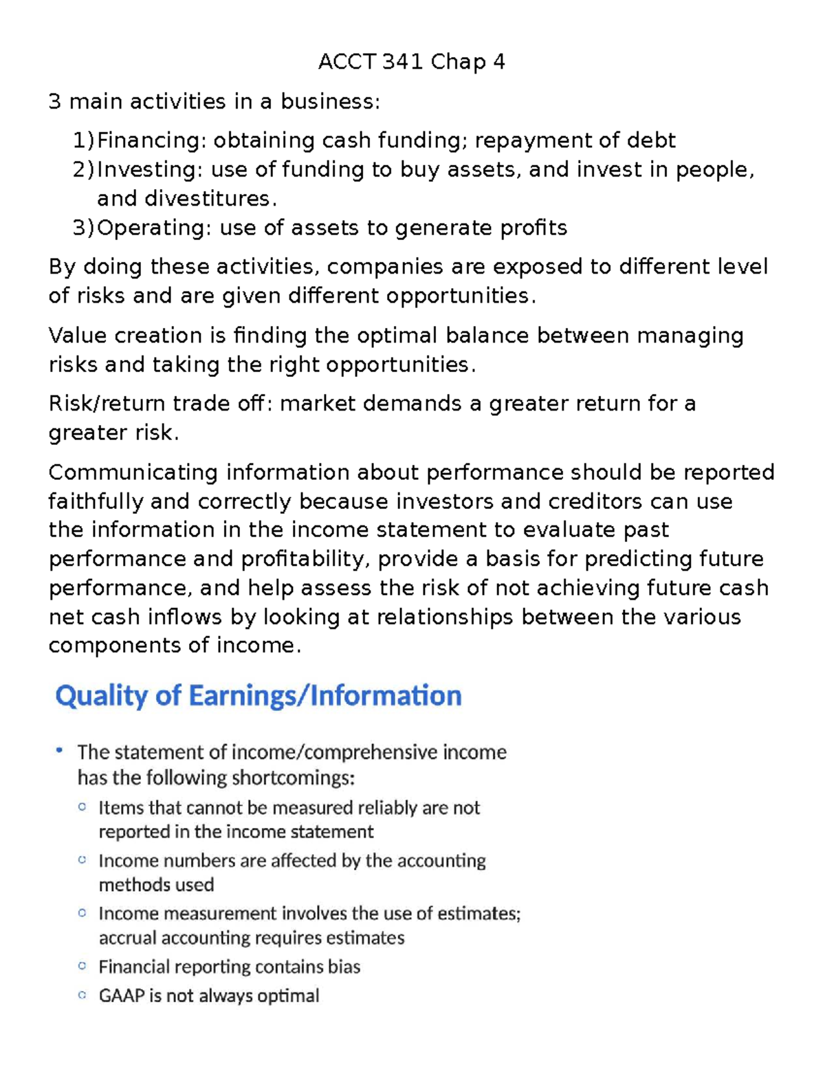 ACCT 341 Chap 4 - Key Business Activities and Earnings Management - Studocu