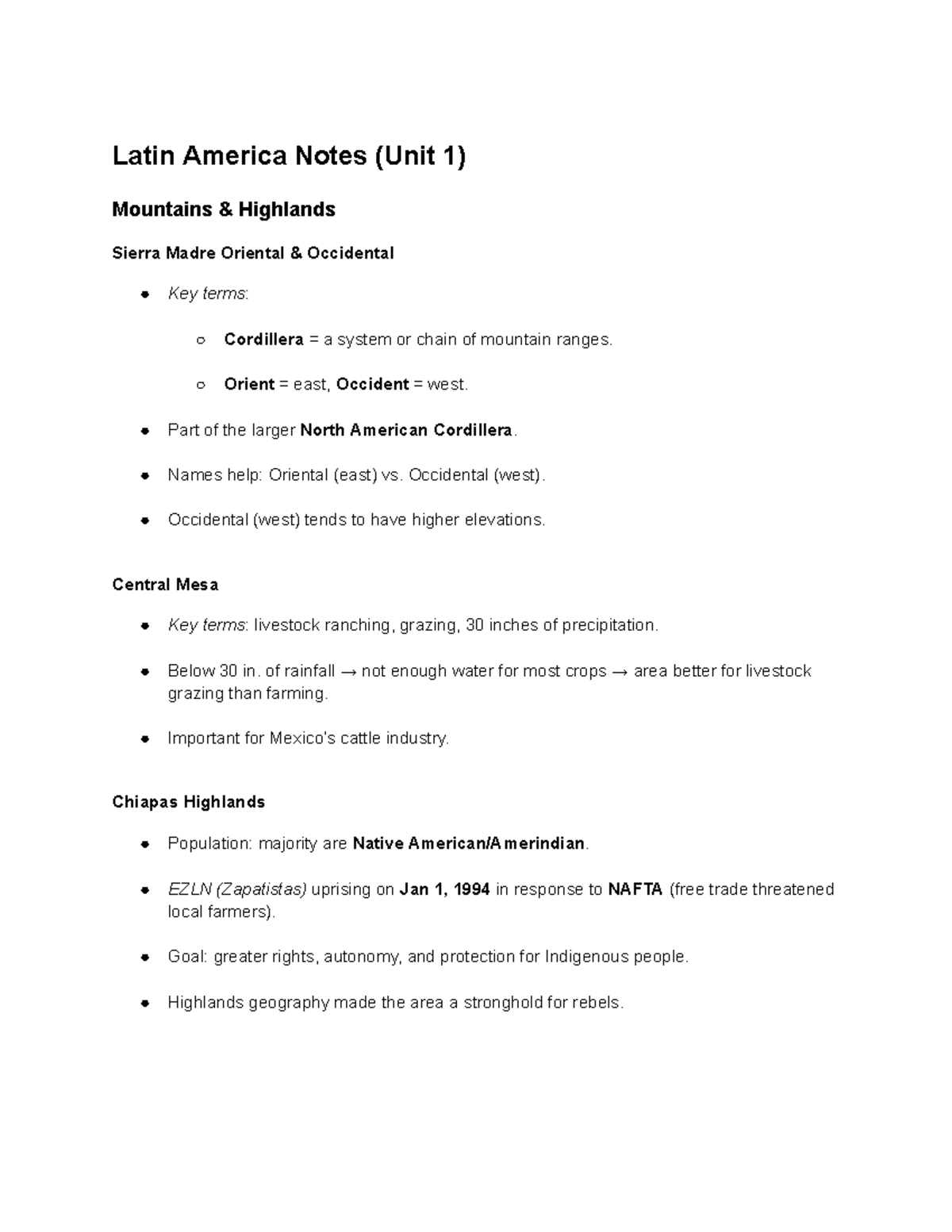 Latin America Overview: Geography & Cultures (Unit 1) Notes - Studocu