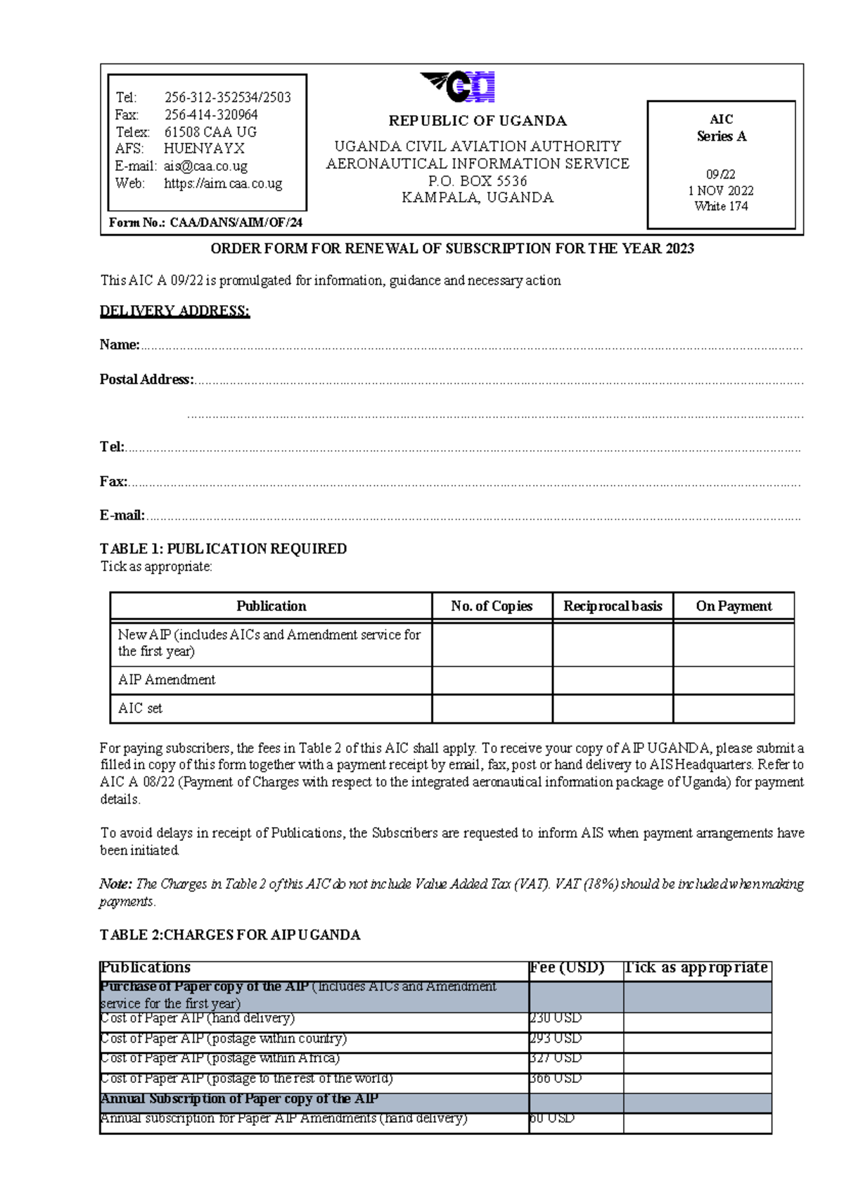 Subscription AIP - all is well - ORDER FORM FOR RENEWAL OF SUBSCRIPTION ...