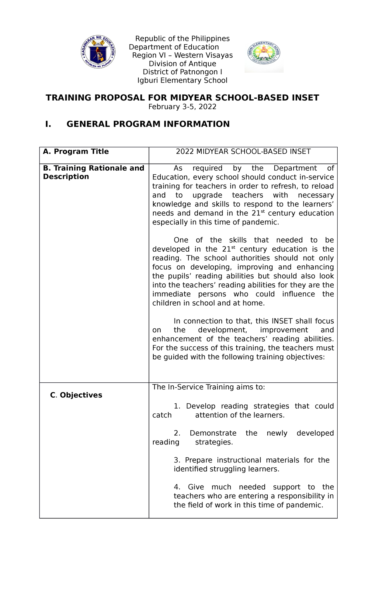 Training Proposal for MID YEAR SCHOOL_BASED INSET 2021 ( Revised ...