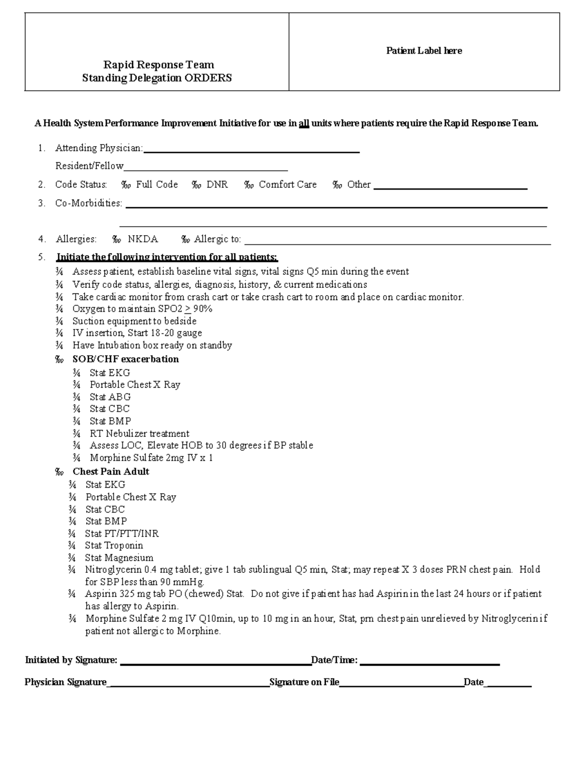 RRT Standing Orders for Patient Management and Interventions - Studocu