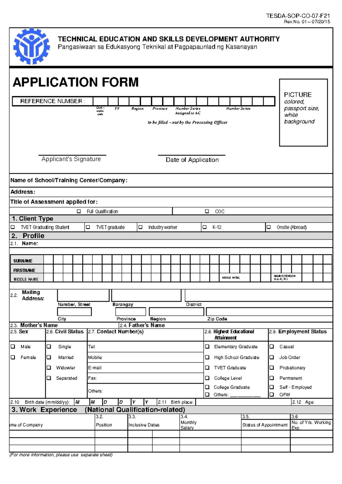 TESDA Application Form - Assessment Reference No. CO-07-F - Studocu