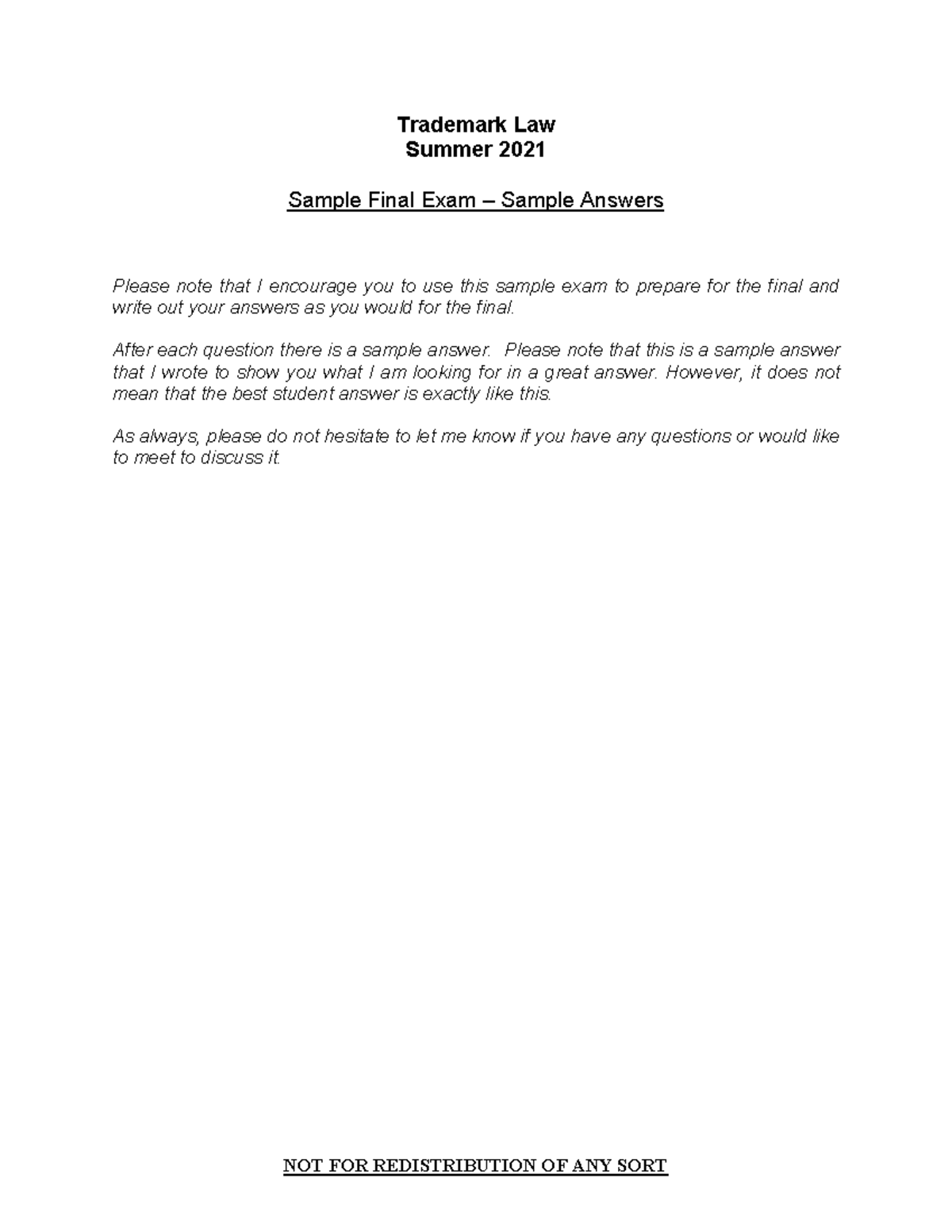 SU21.Trademark Law Sample Final Exam - Sample Answers - Studocu