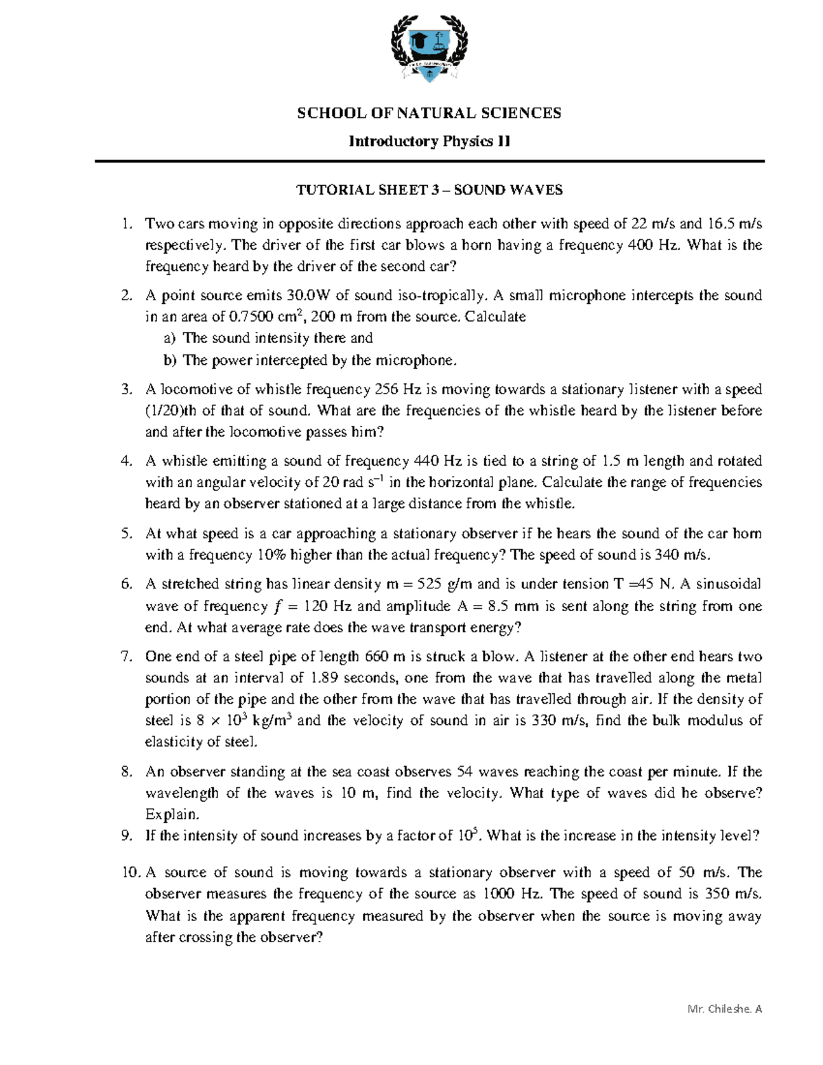 Tutorial Sheet 3 - Sound Waves in Introductory Physics II - Studocu