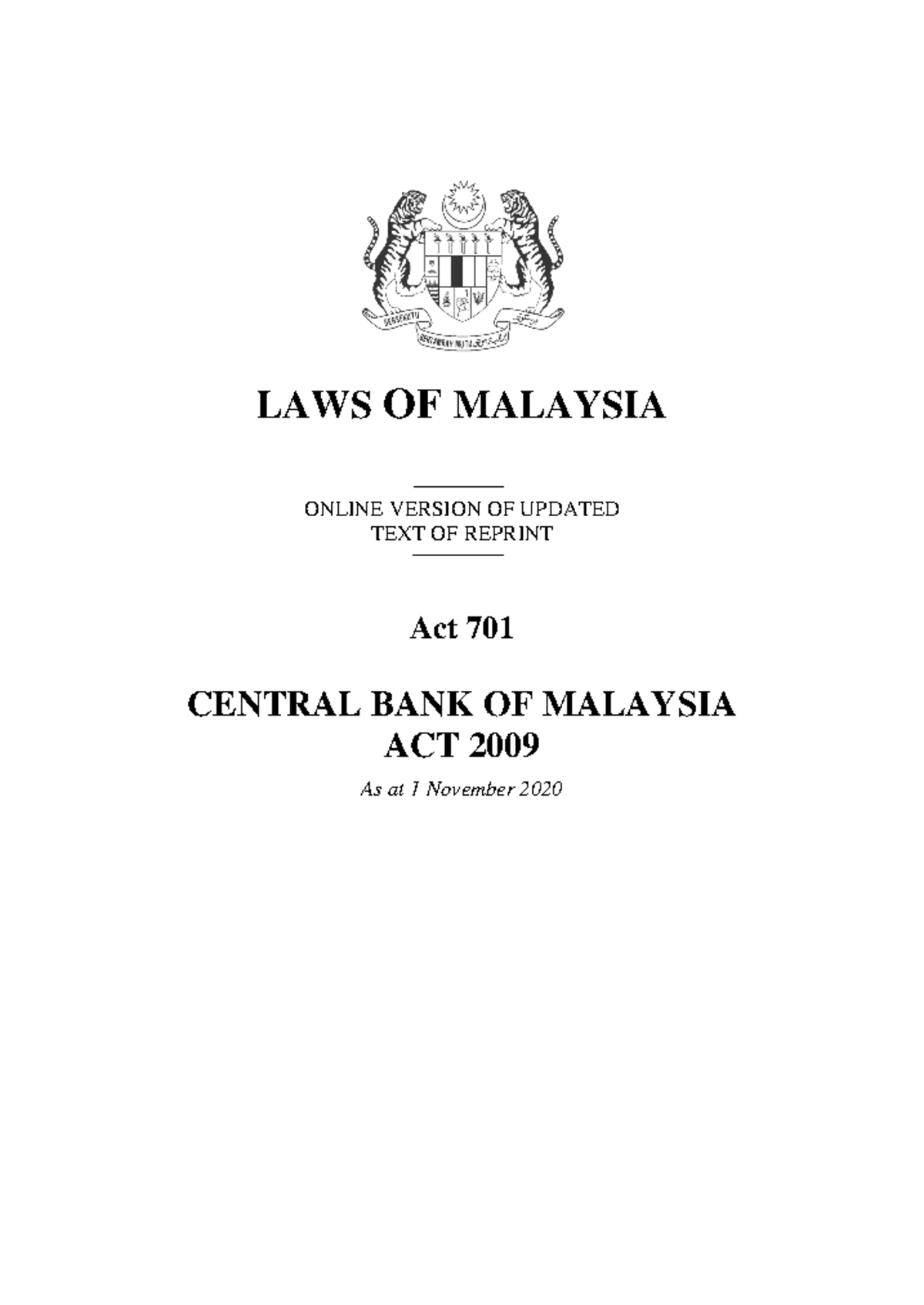 CBMA 2009 - Central Bank of Malaysia Act Overview (ISB653) - Studocu