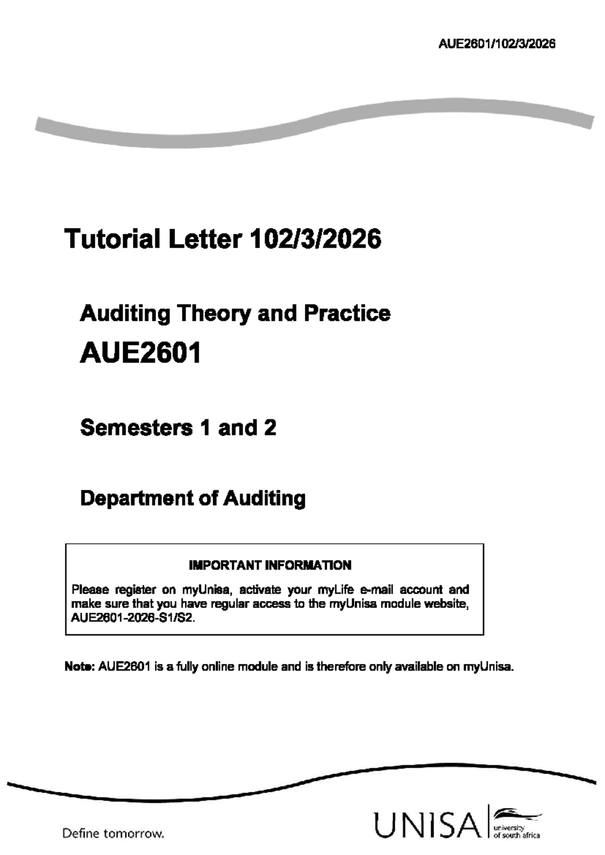AUE2601 Tutorial Letter: Auditing Theory & Practice Overview - Studocu