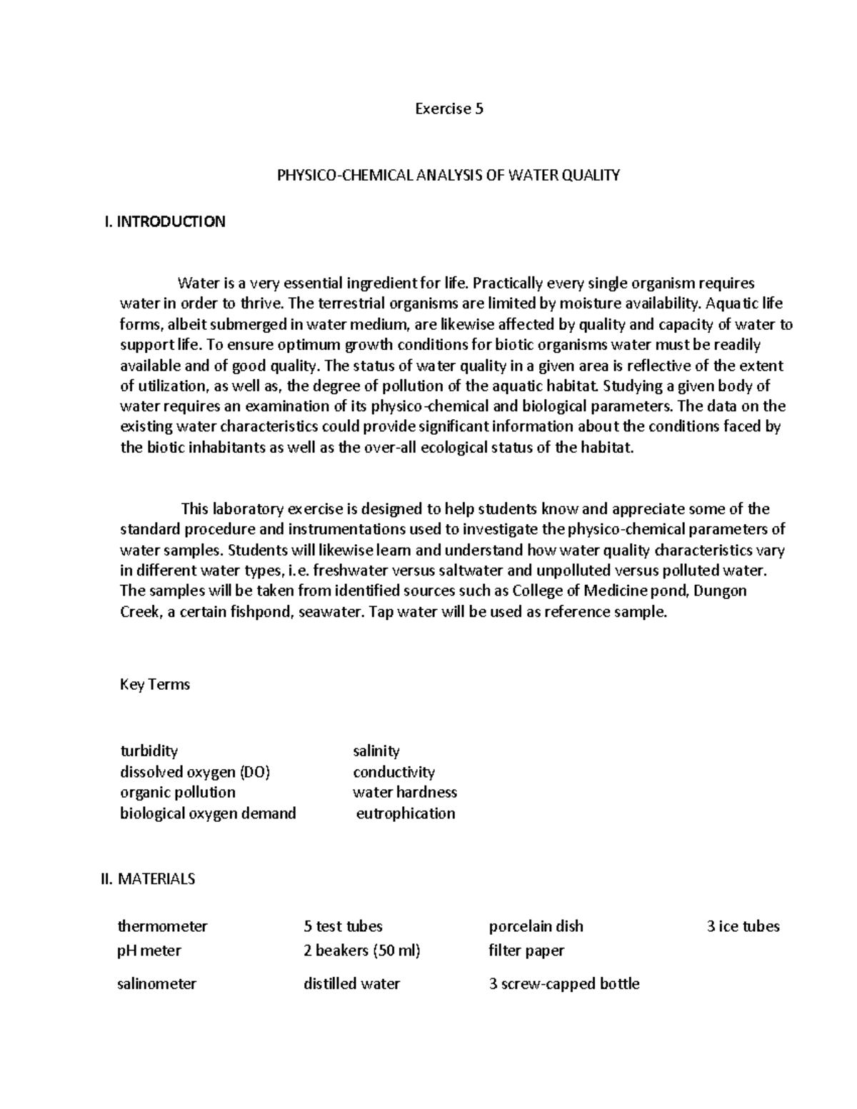 Ecology Lab Activity 5: Water Quality Analysis and Parameters - Studocu