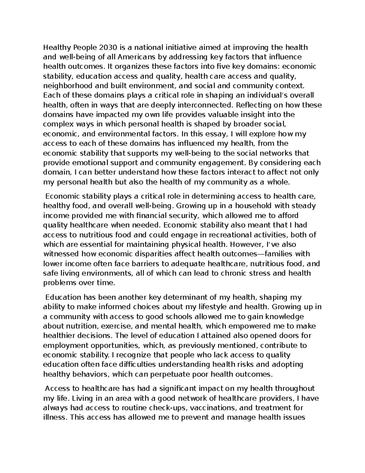 IHP-410 Week 3-1 Journal - Reflection on Key Health Domains - Studocu