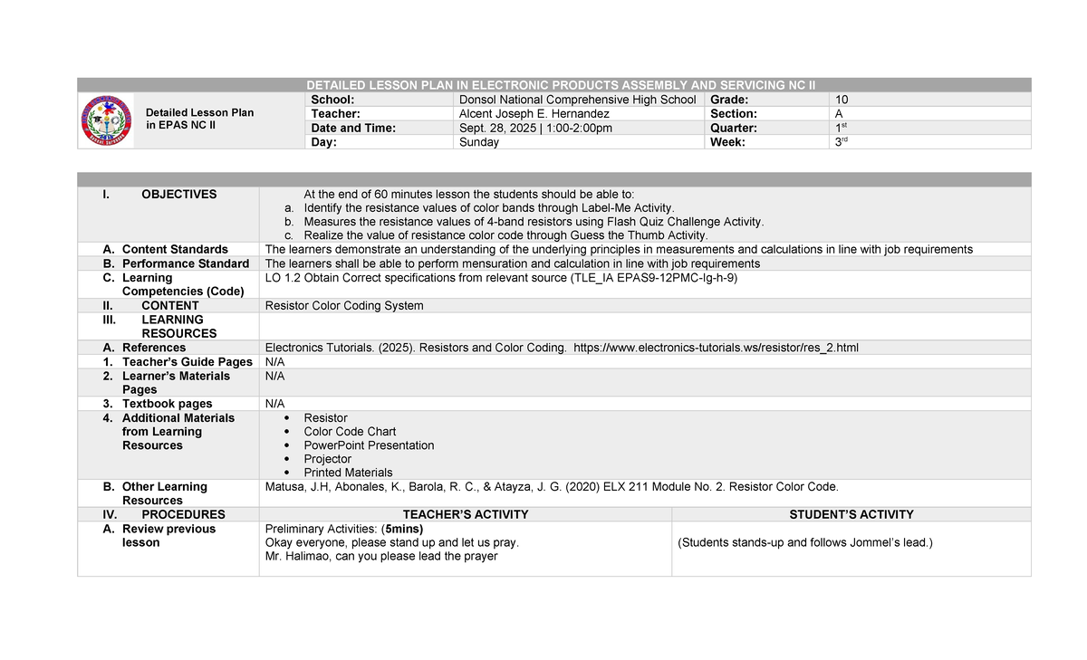 Detailed Lesson Plan: Resistor Color Coding in EPAS NC II - Studocu