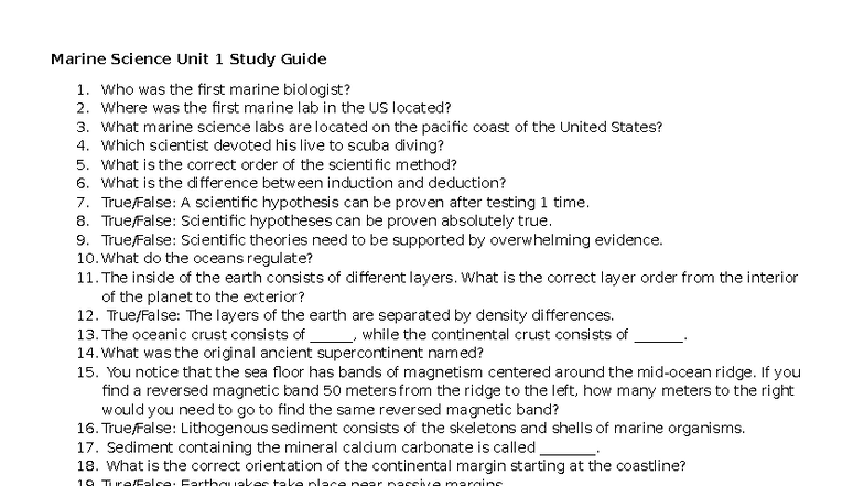 Marine Science Unit 1 Study Guide: Key Concepts & Questions - Studocu