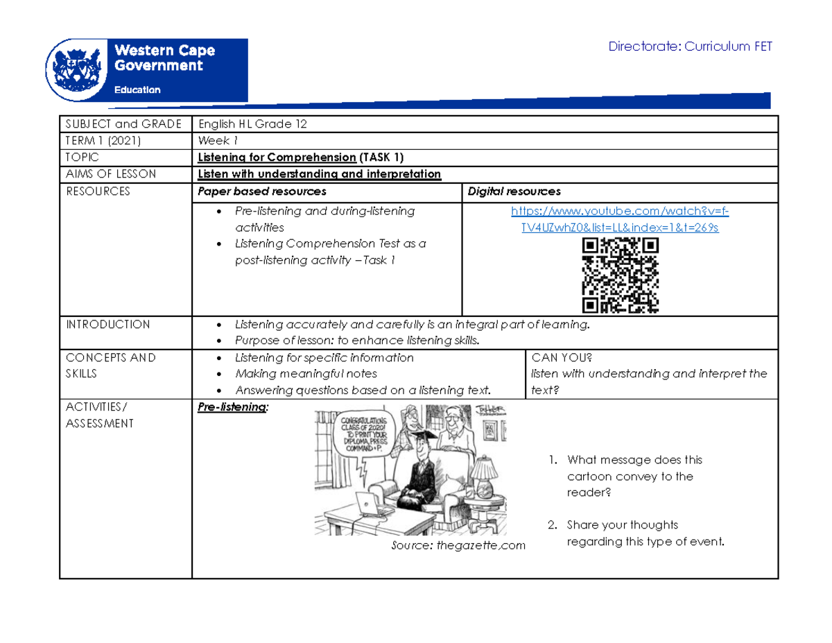 English HL Gr 12 Term 1 Week 1 Lesson Plan: Listening & Writing Skills ...