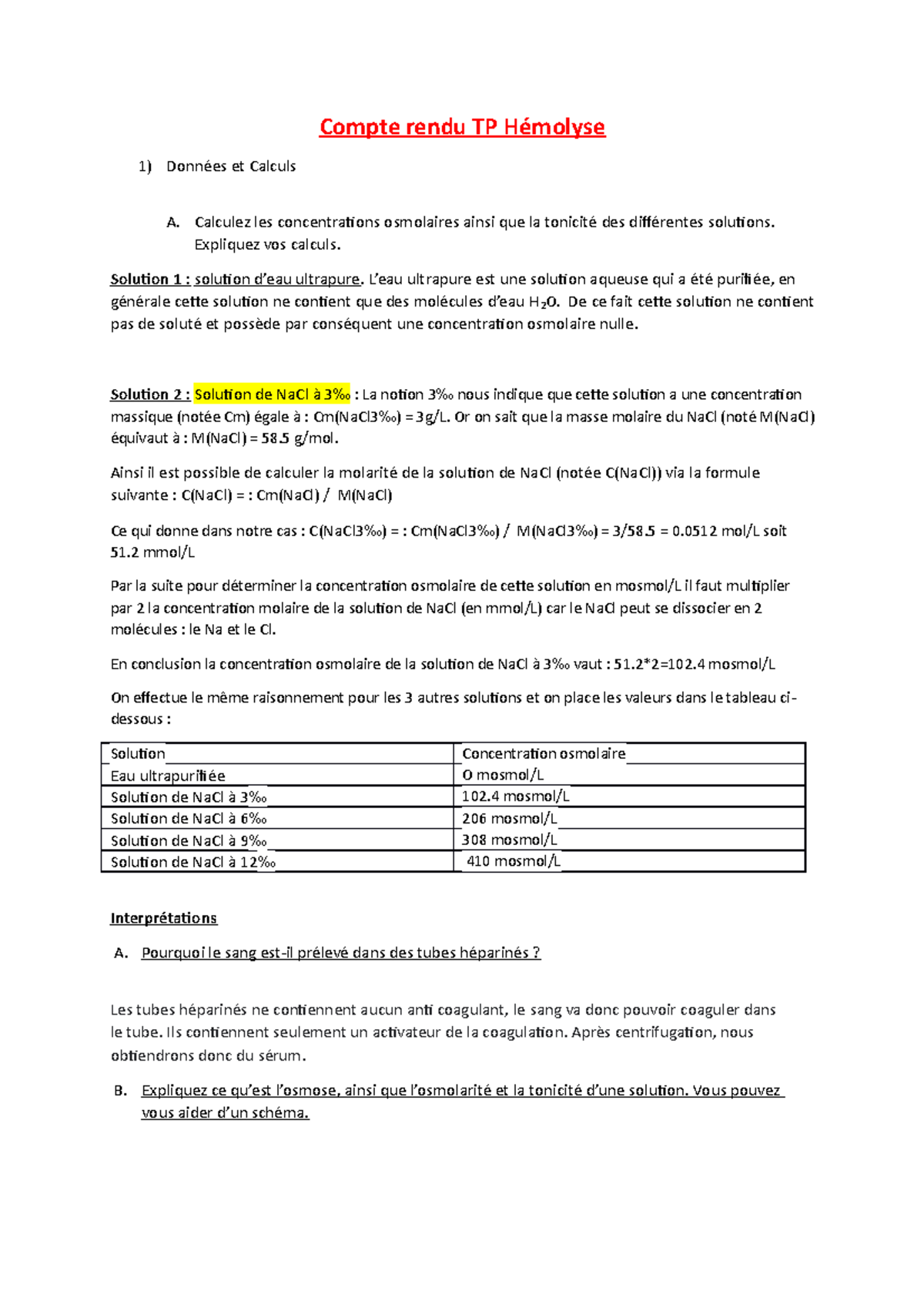 Compte Rendu TP Hémolyse: Calculs d'Osmolarité et Tonicité des Solutions - Studocu