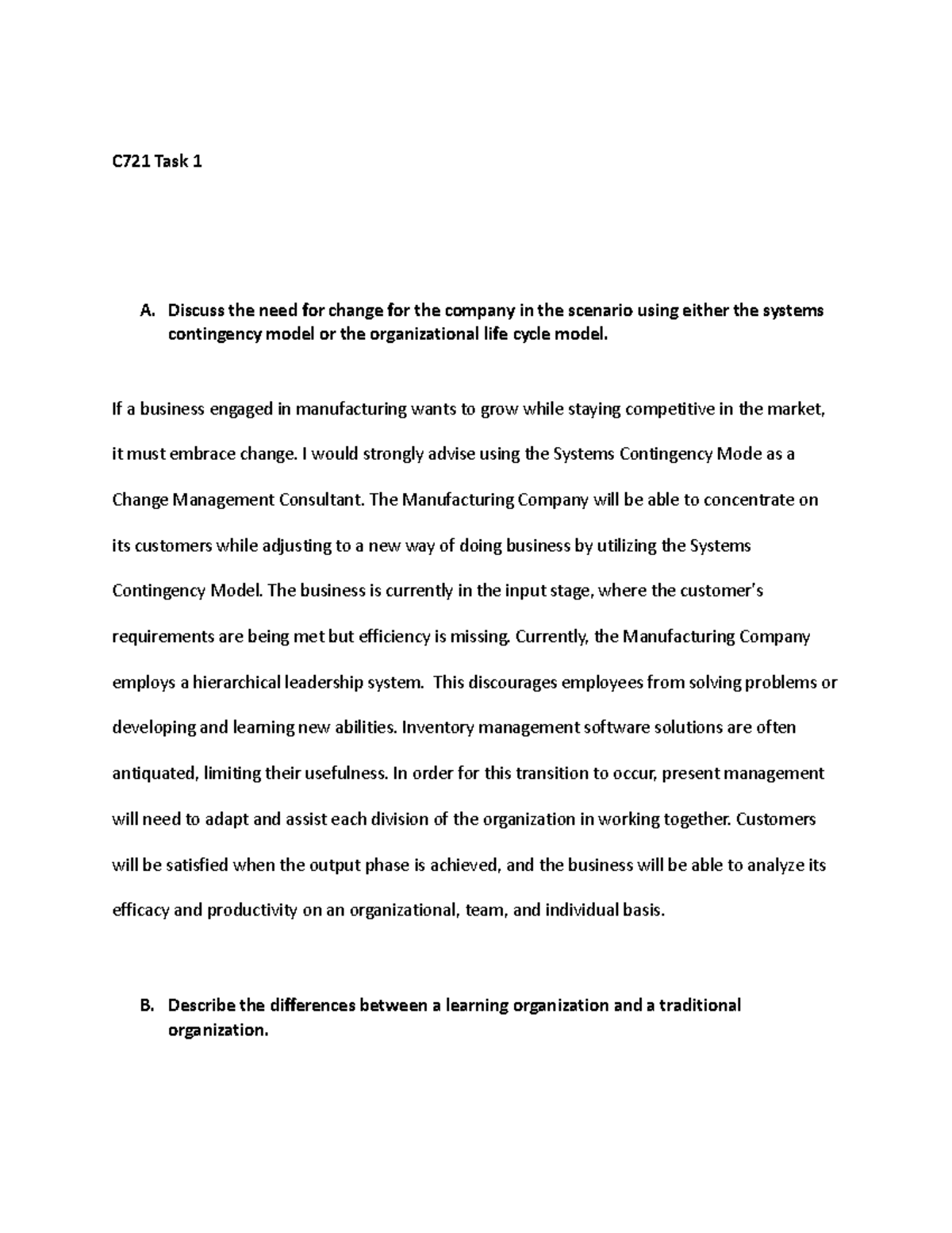 C721 Task 1 - Embracing Change for Organizational Growth - Studocu