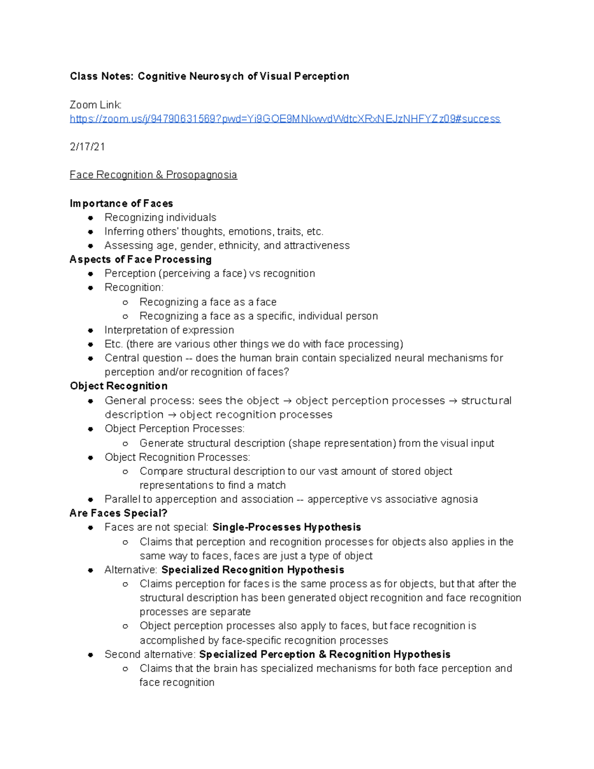 Cognitive Neuroscience Midterm Notes: Visual Perception & Face ...