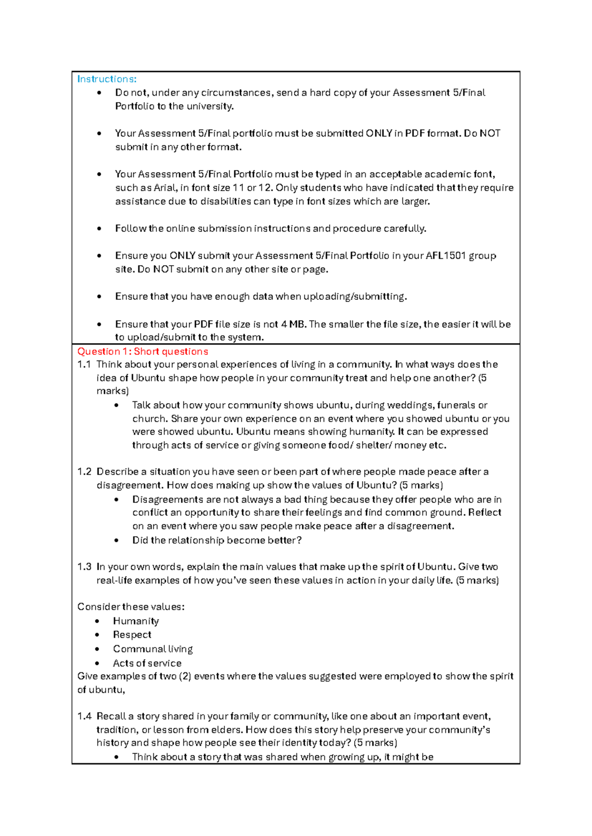 AFL1501 Assessment 5: Exploring the Concept of Ubuntu in Community ...
