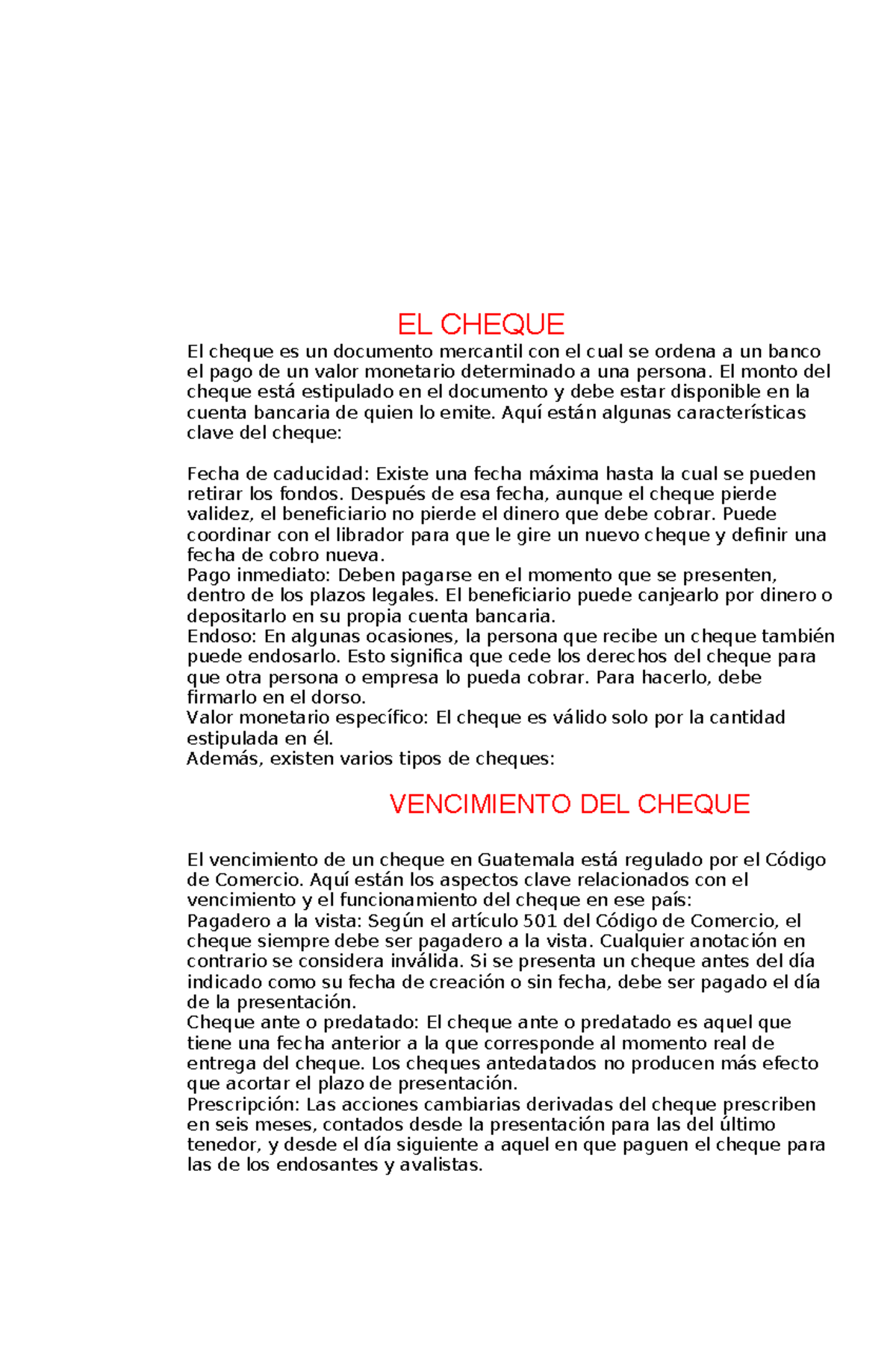 EL CHEQUE: Definición, Características y Regulación en Guatemala - Studocu