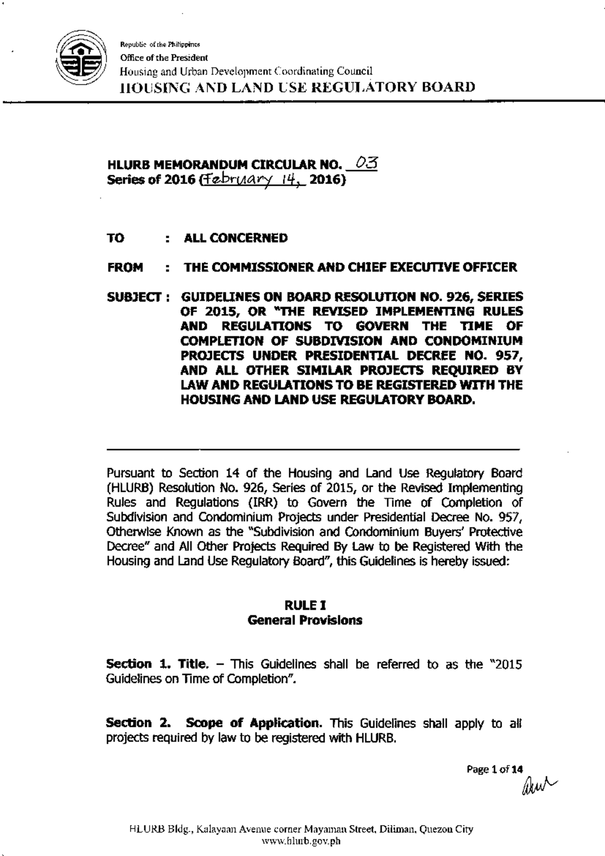 Guidelines on Time of Completion - HLURB MC 16 03 - Studocu