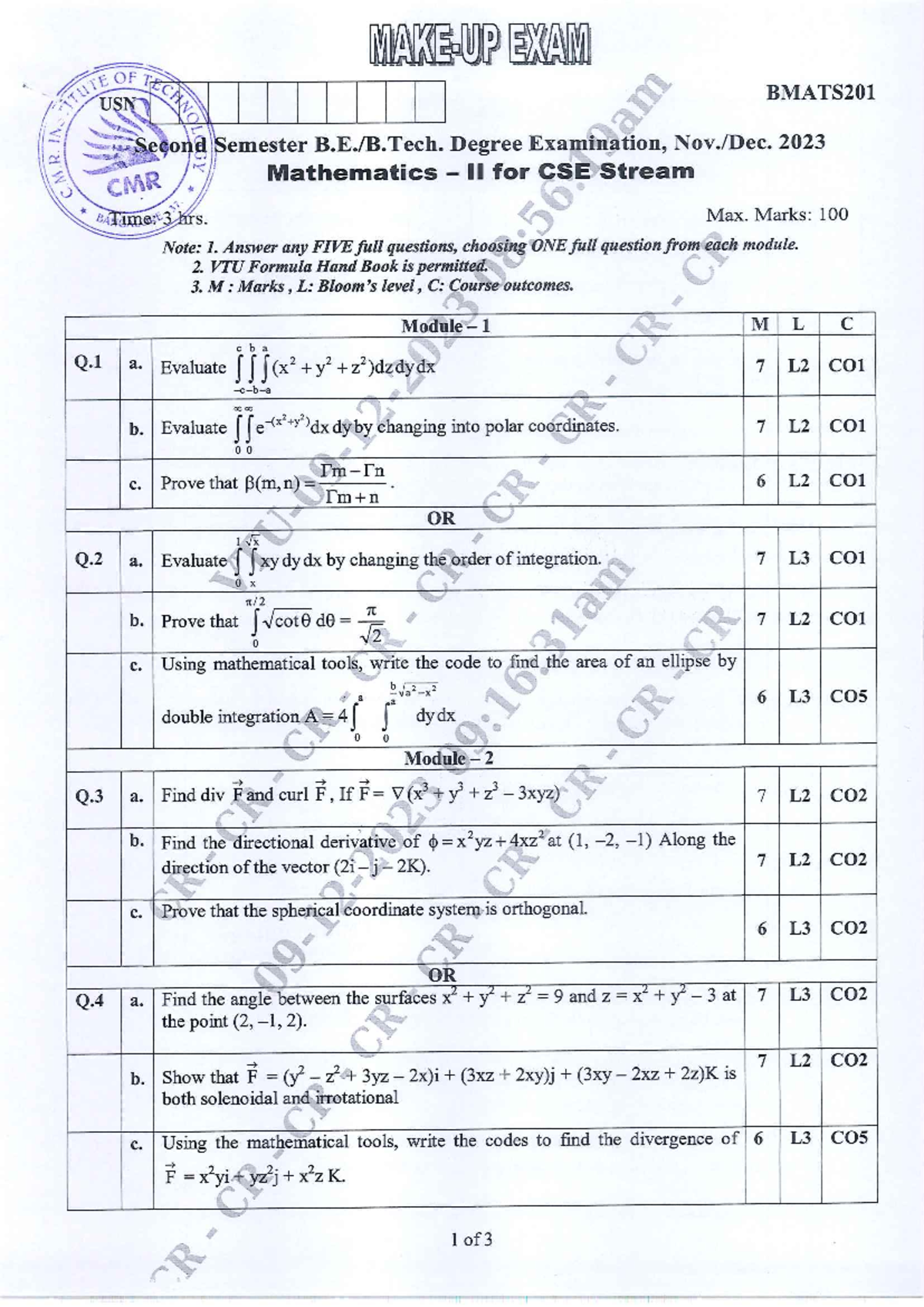BMATS201 Mathematics-II Make-Up Exam Questions for CSE Stream Nov-Dec ...